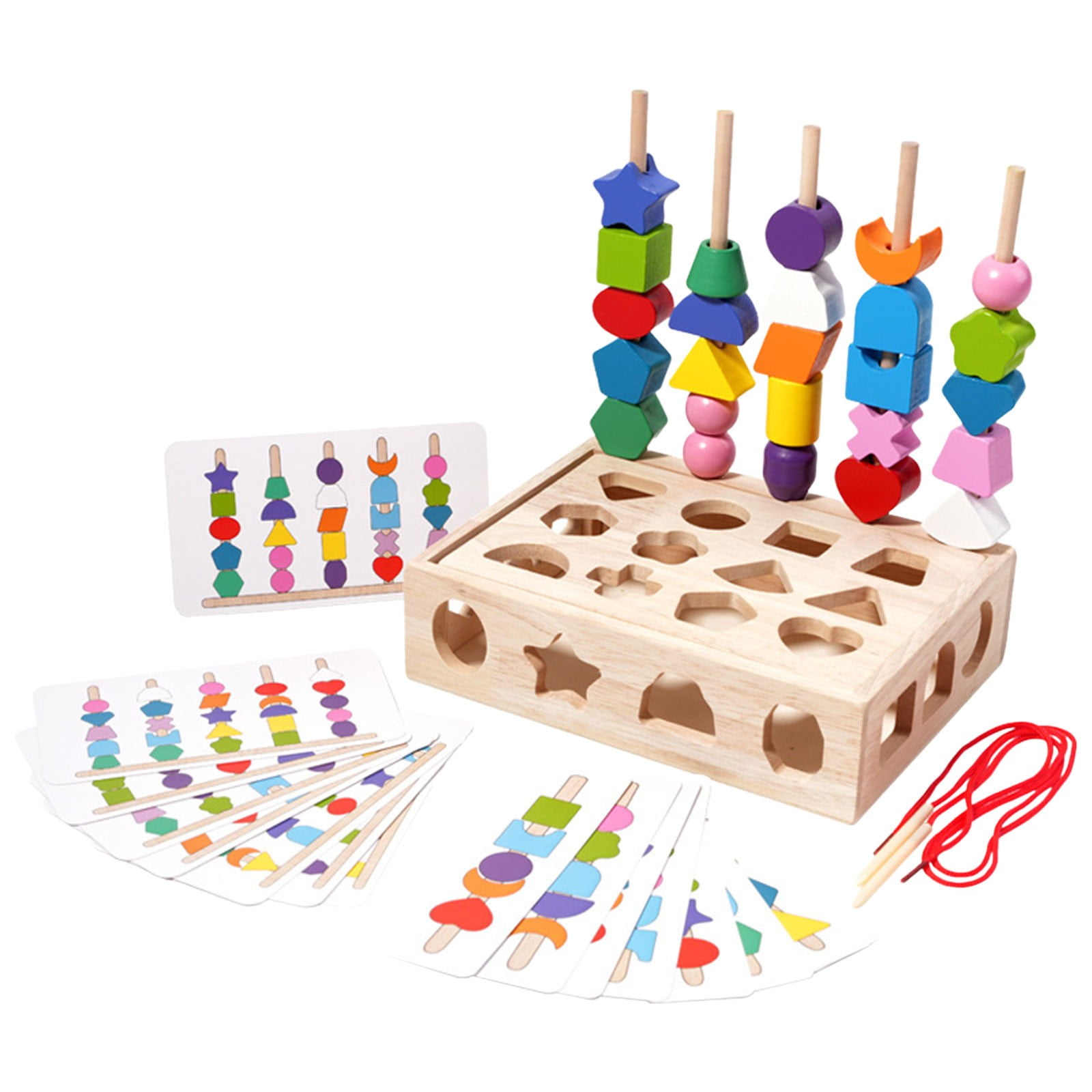 RUIG Montessori Wooden Beads Sequencing Toy Set, Wooden Lacing Beads ...