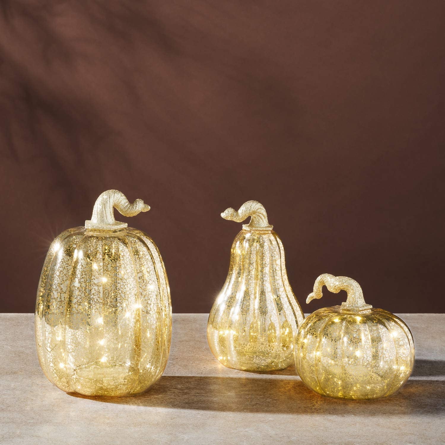 RUIHE Gold Glass Pumpkin with Lights - Set of 3, Mercury Glass Style ...