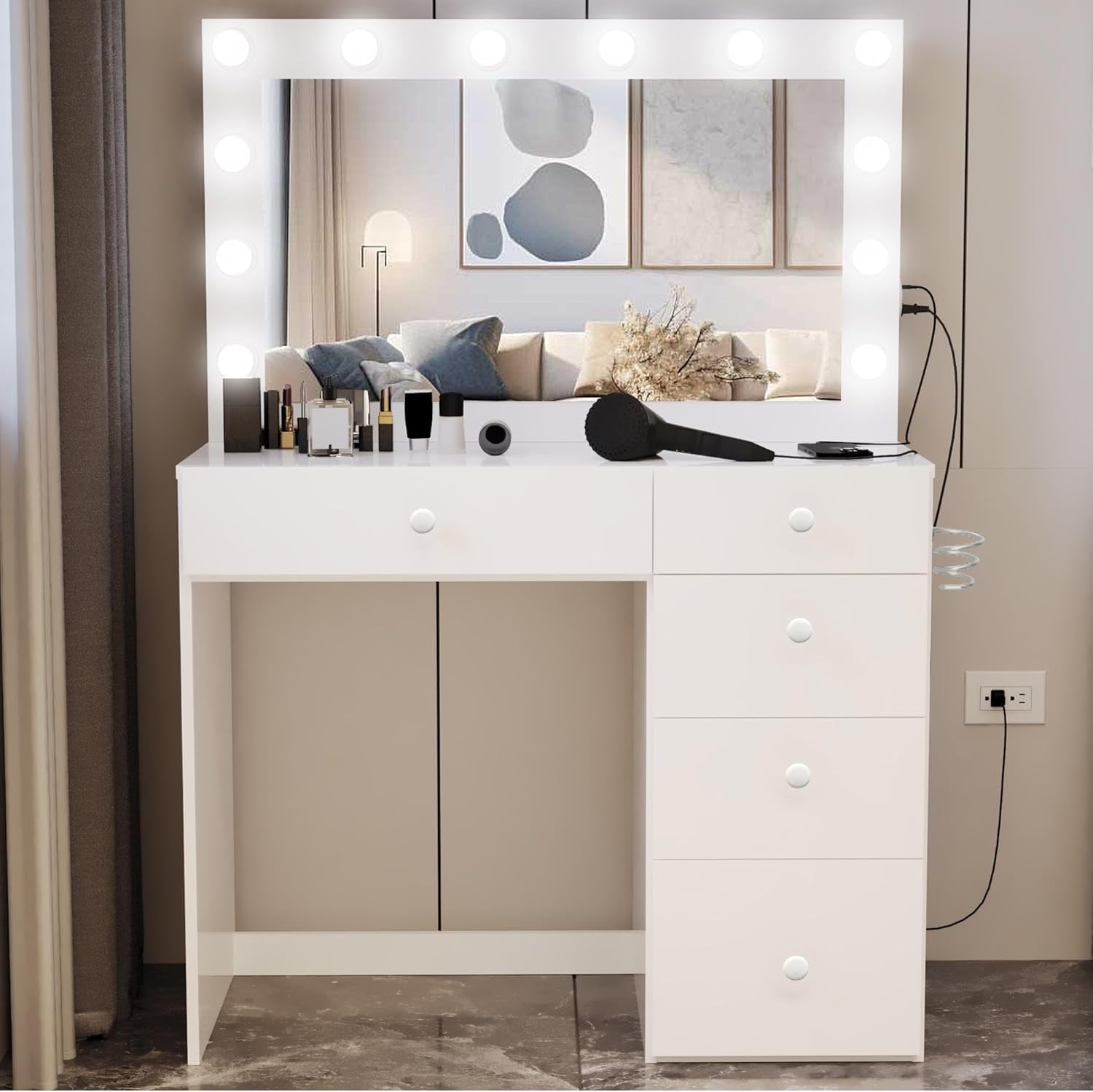 RUIHONGQING Eva Modern Makeup Vanity Desk, White Makeup Table with Built-in Lights, Power Outlet ...