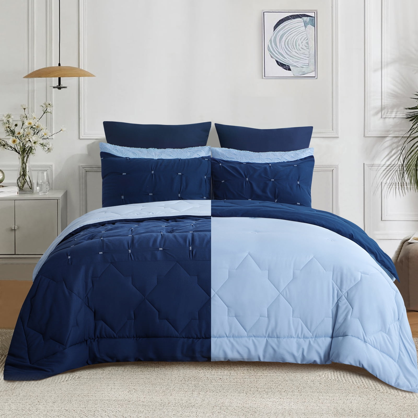 RUIKASI 2-Piece Pinch Pleated Embroidery Comforter Set, Twin, Navy Blue ...