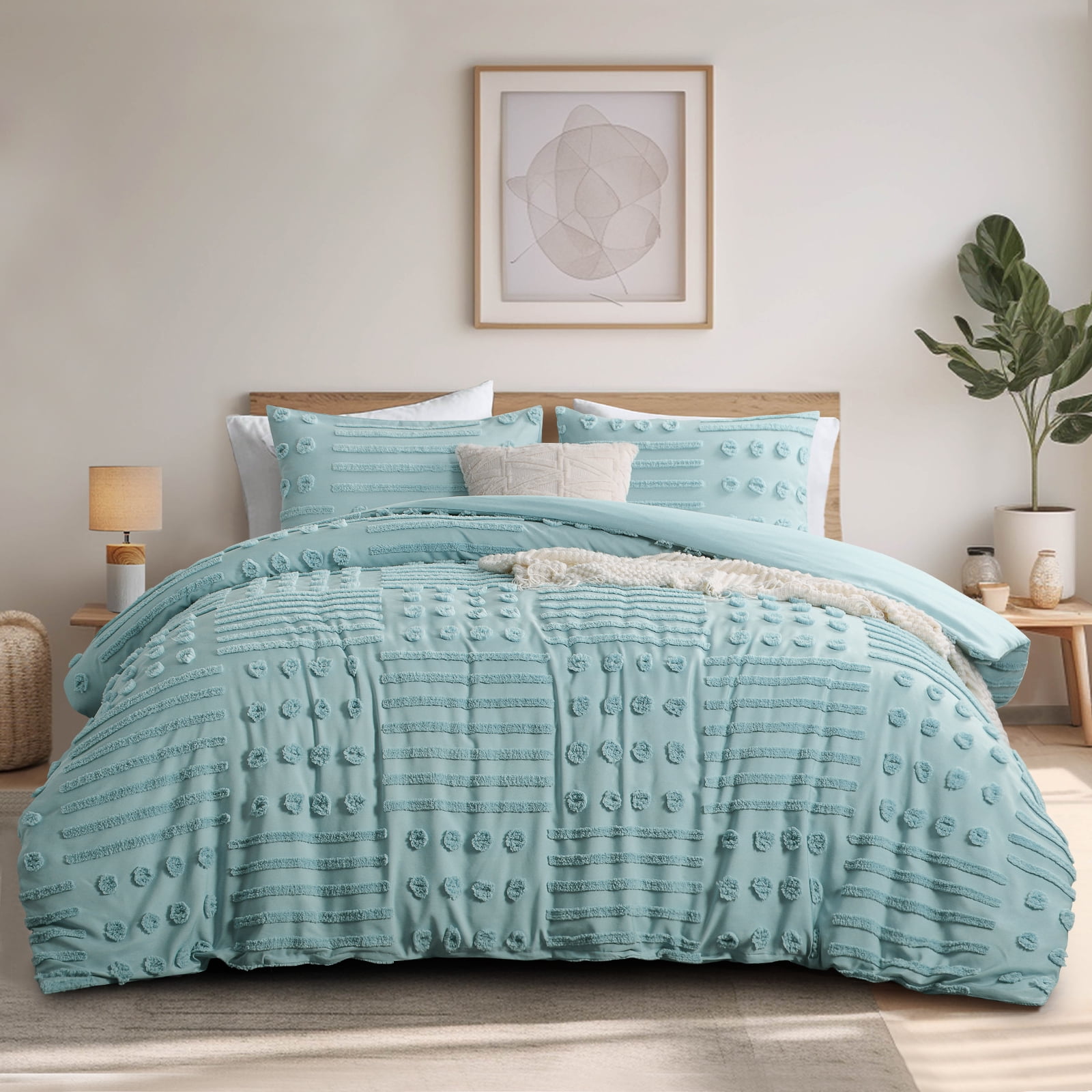 RUIKASI 3-Piece Light Green Queen Comforter Set Geometric Tufted Pom ...