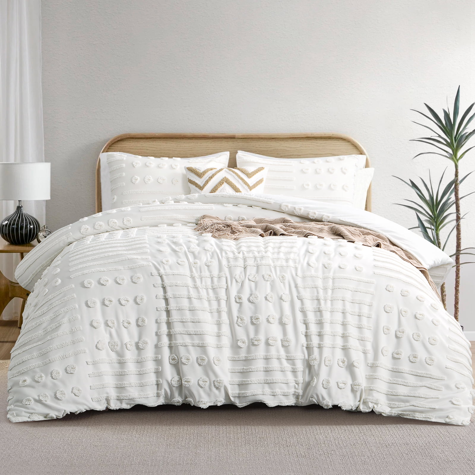 RUIKASI 3-Piece King White Boho Comforter Set Geometric Tufted Pom Pom ...