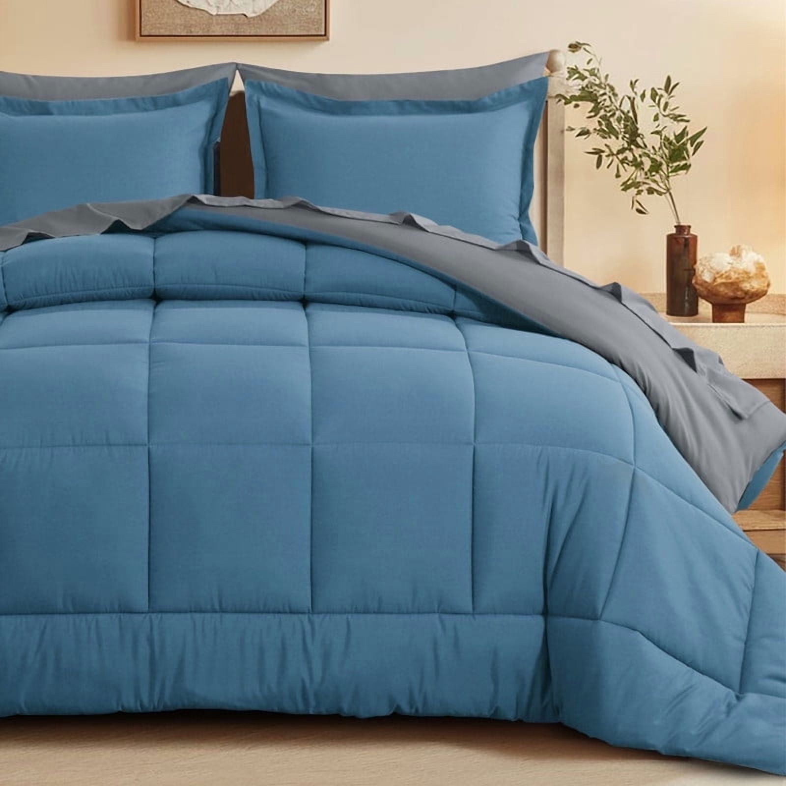 RUIKASI 7 Pieces Slate Blue/Grey Queen Bed Comforter Set with Sheets ...