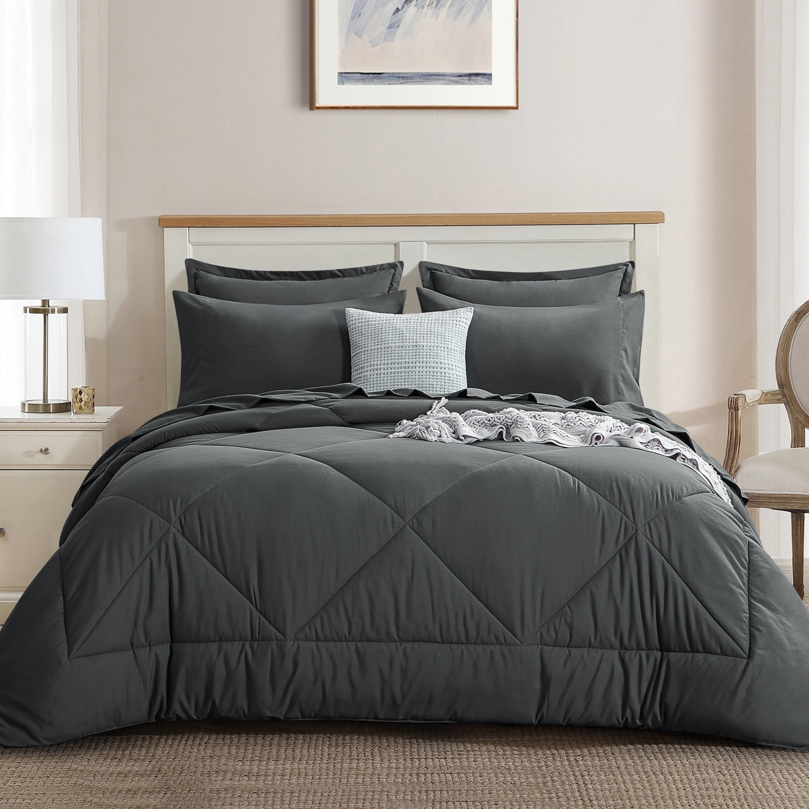 RUIKASI 7-Piece Queen Comforter Set, Dark Gray - Bed in Bag with Sheet ...