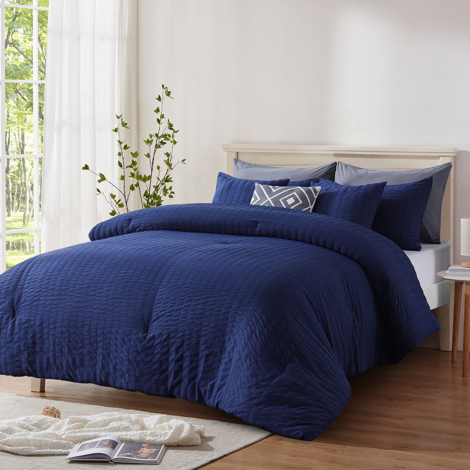RUIKASI 3 Pieces Seersucker Blue King Comforter Set - 100% Soft Washed ...