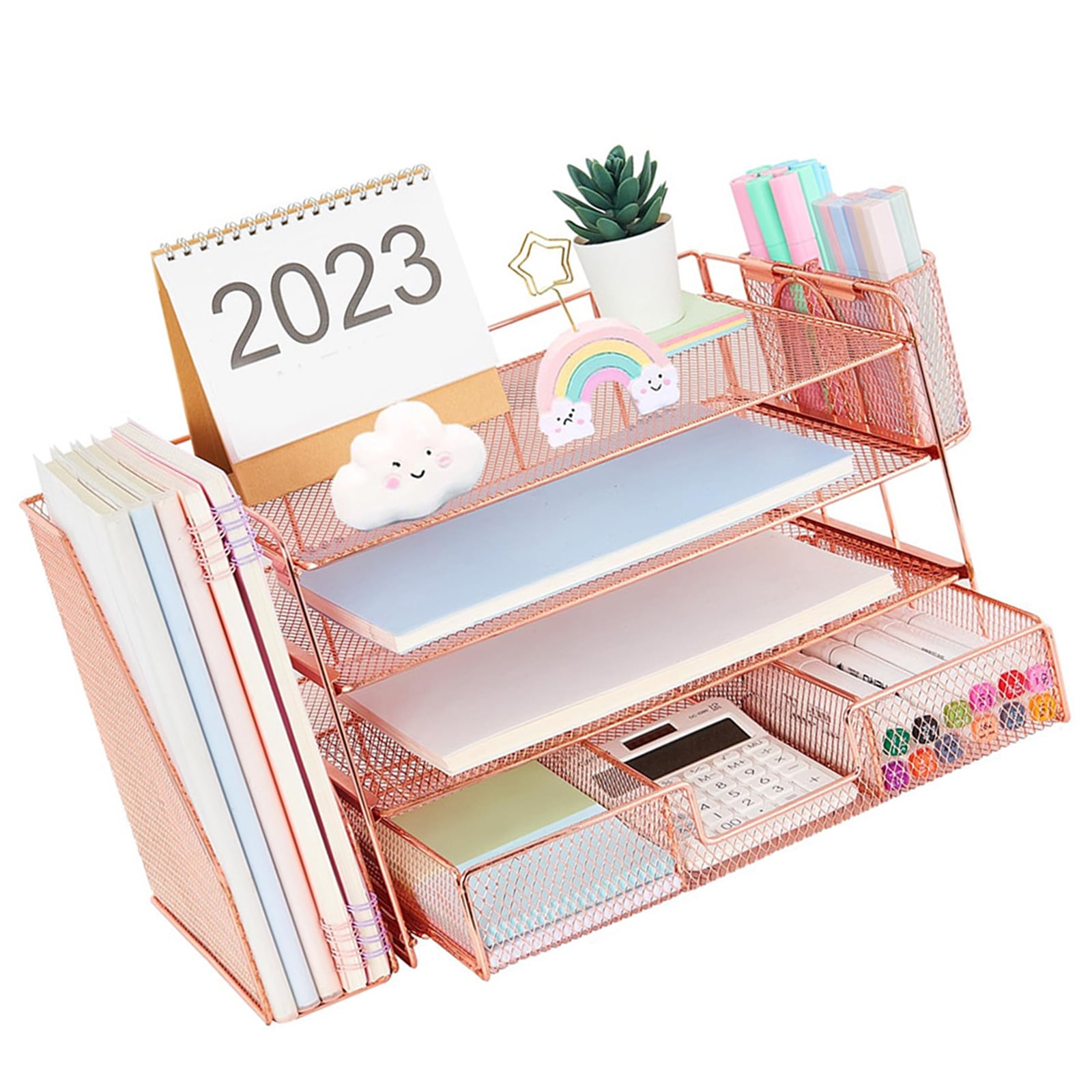 RUISINERY 4-Tiered Letter Tray Metal with Magazine Stand Drawer Pen ...