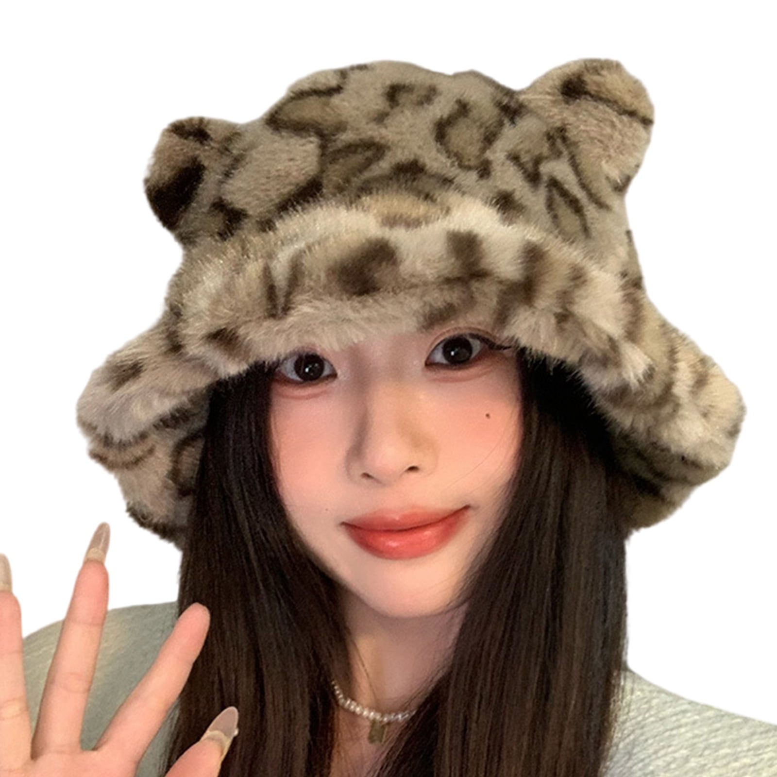 RUISINERY Oversized Bear Hat with Ear Leopards Print Skiing Hat Furry ...