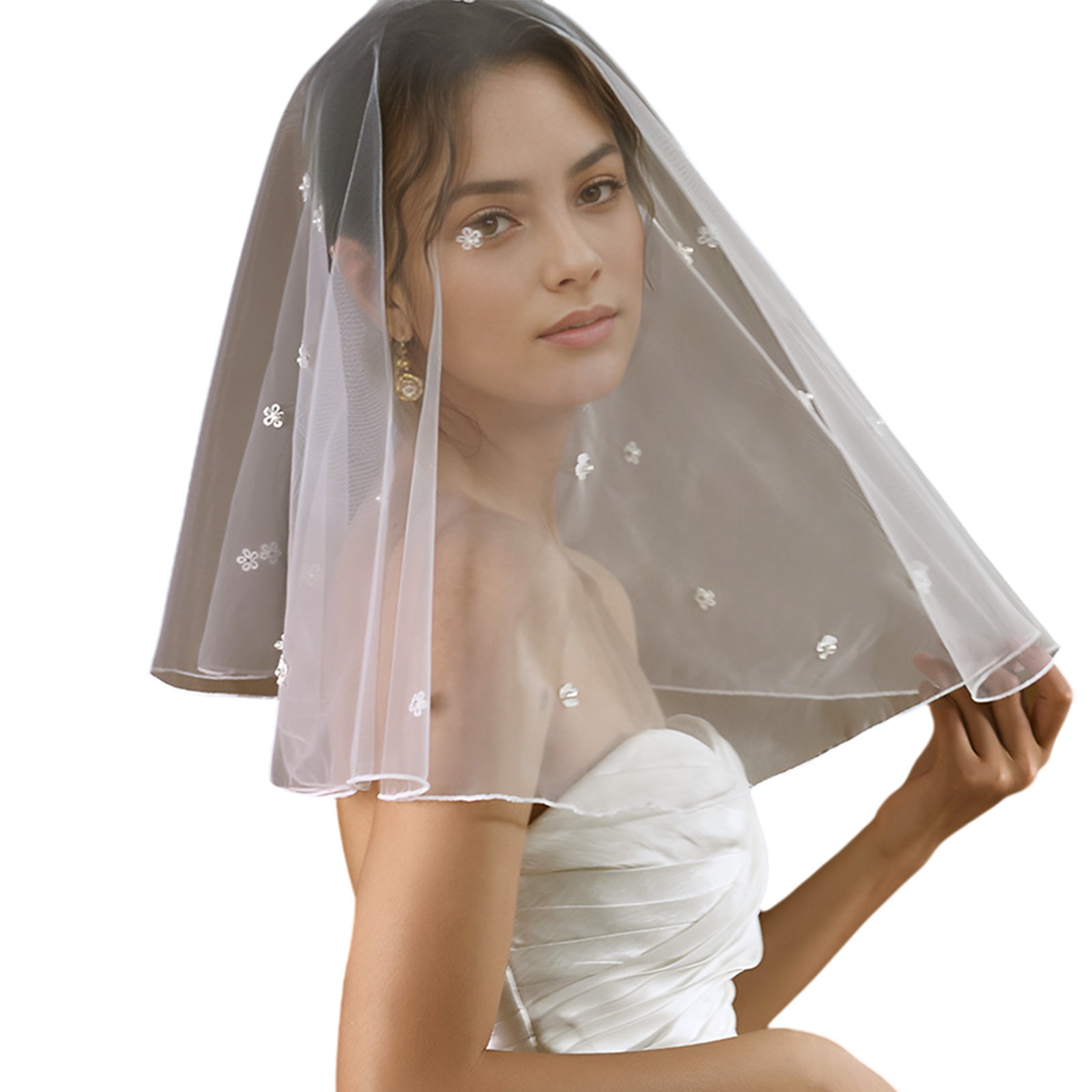 RUISINERY White Bridal Veil with Beadwork Flower Nocomb Designs Elegant ...