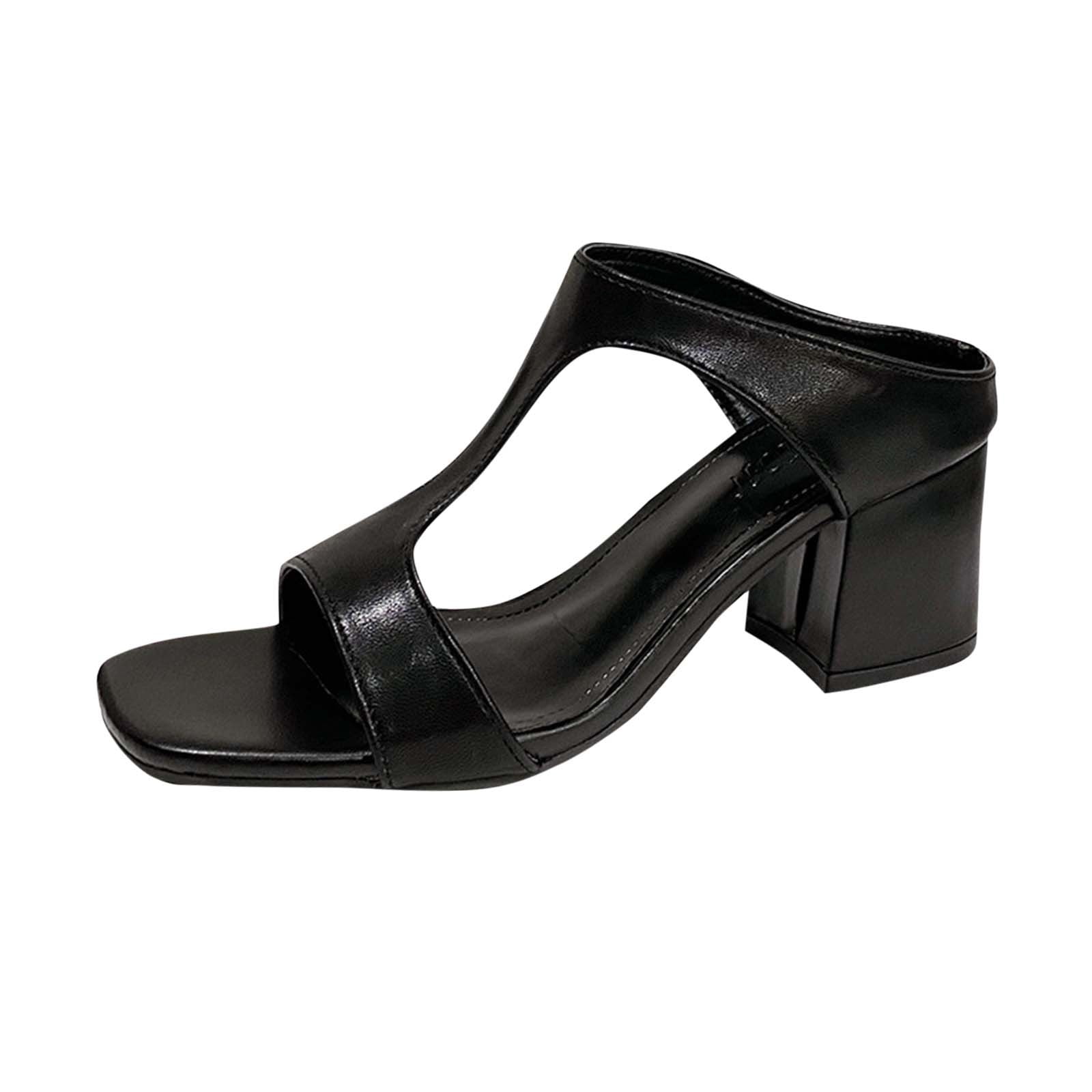 RUIYANQI Women's Block - Heel Mules,Stylish T - Strap Leather Sandals ...