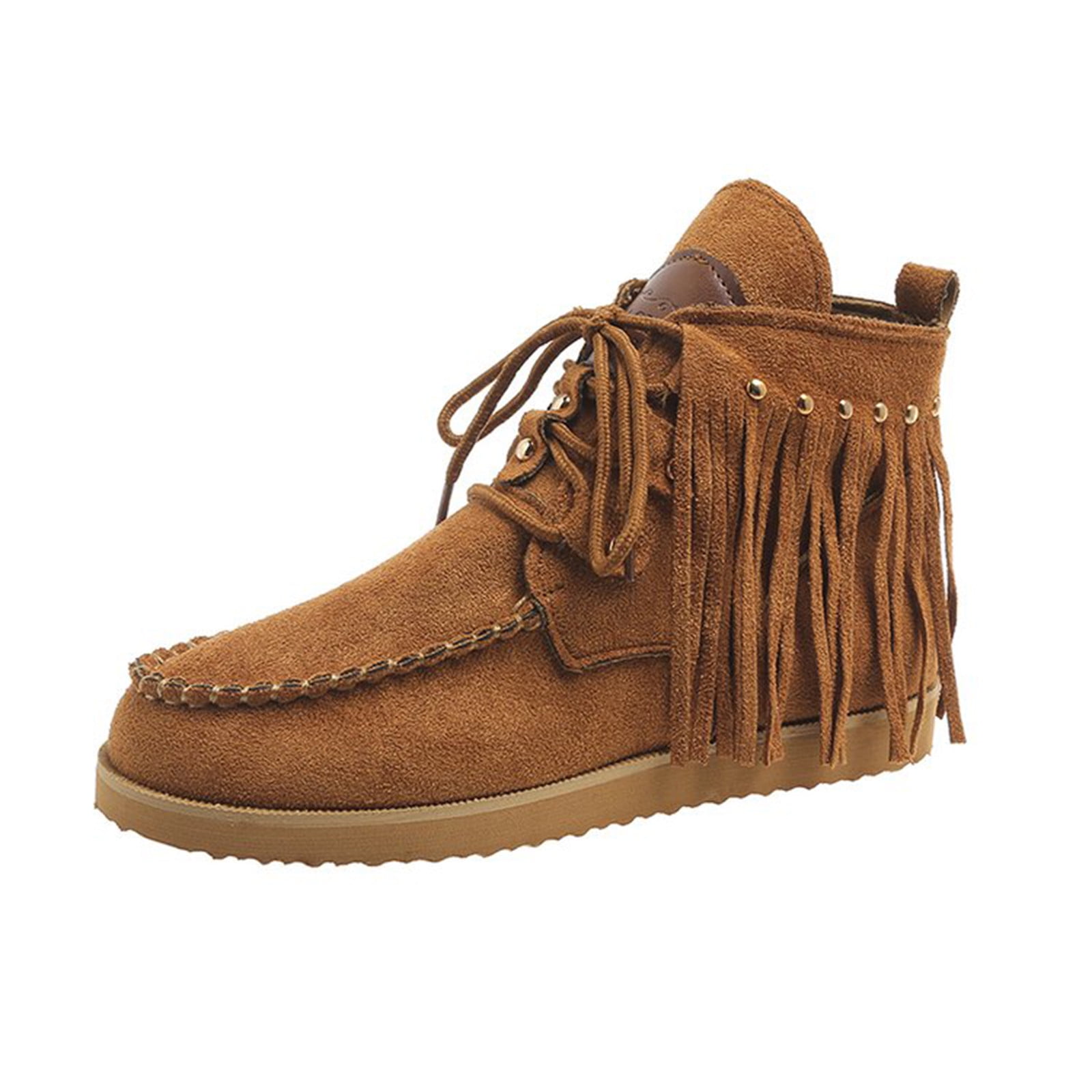RUIYANQI Women's Denim Fringe Ankle Boots Lace Up Moccasin Booties with ...