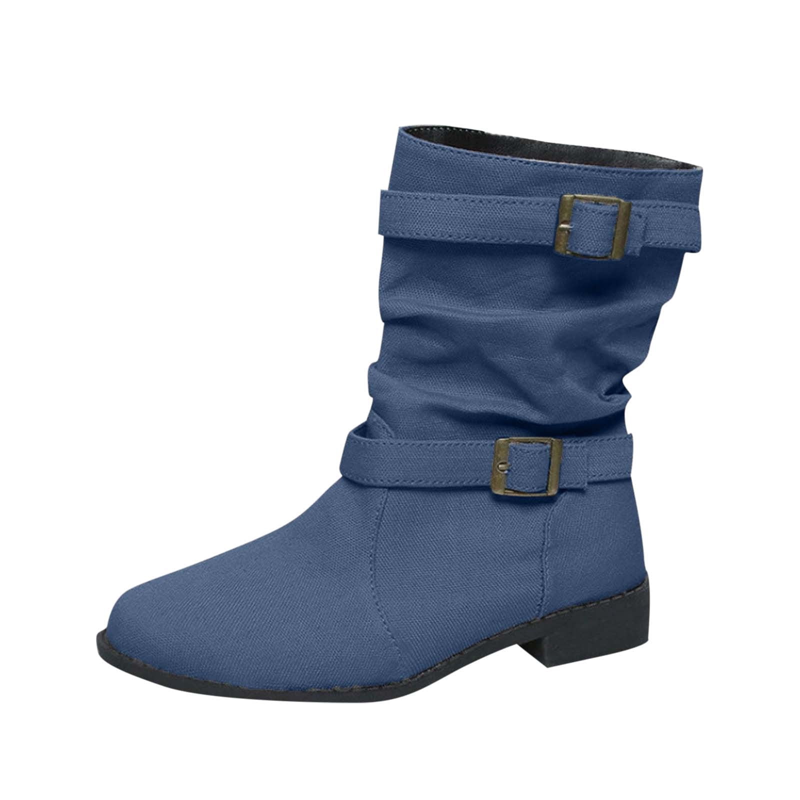 RUIYANQI Women's Denim Mid Calf Boots Slouchy Buckle Strap Flat Heel ...