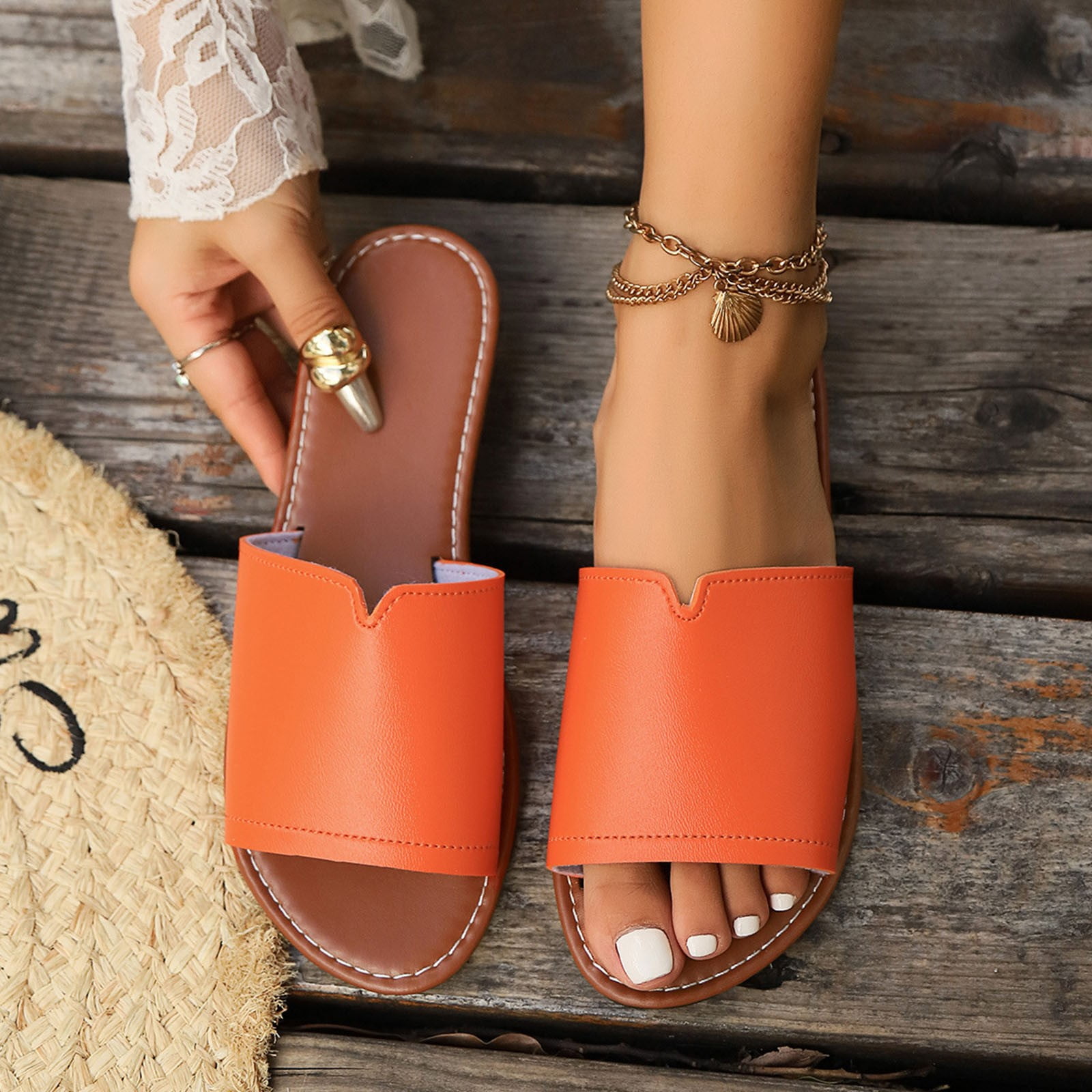 RUIYANQI Women's Open Toe Slide Sandals Minimalist Design Slip On Flat ...