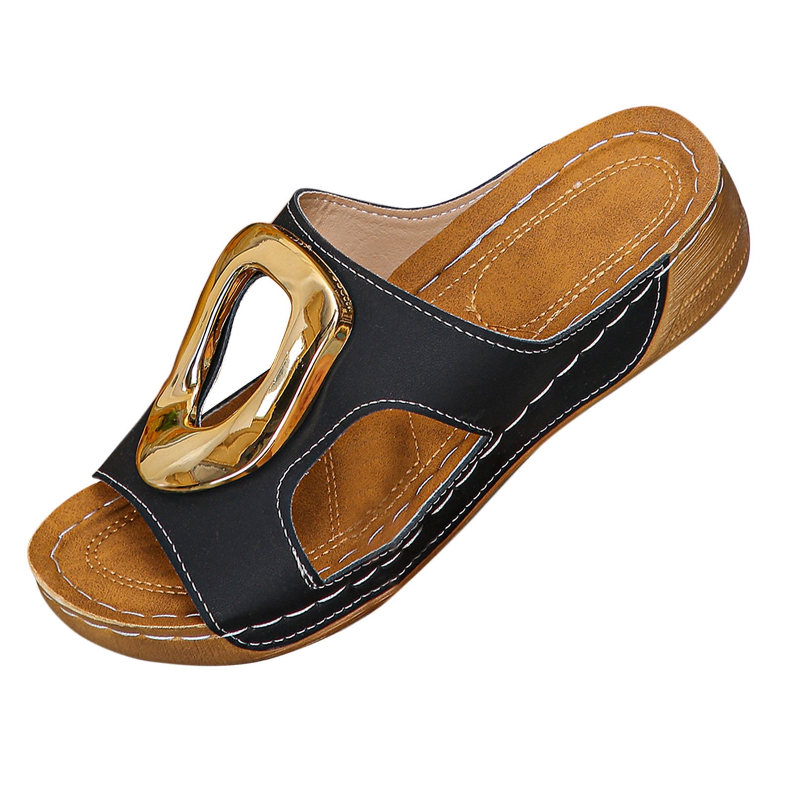 RUIYANQI Women's Open Toe Wedge Slides Metal Accent Casual Sandals ...