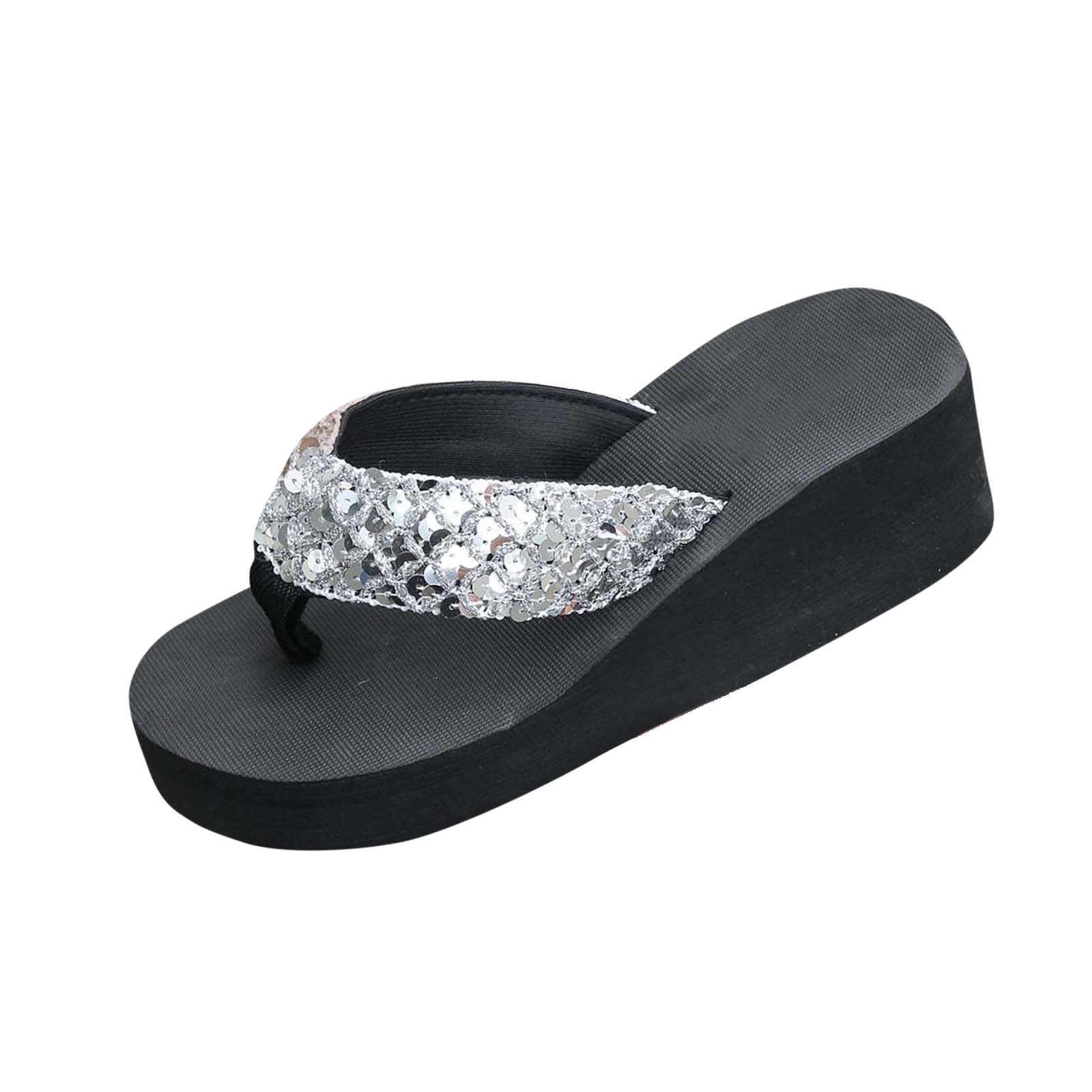 RUIYANQI Women's Sparkling Sequin Toe - Thong Platform Slides,Stylish ...