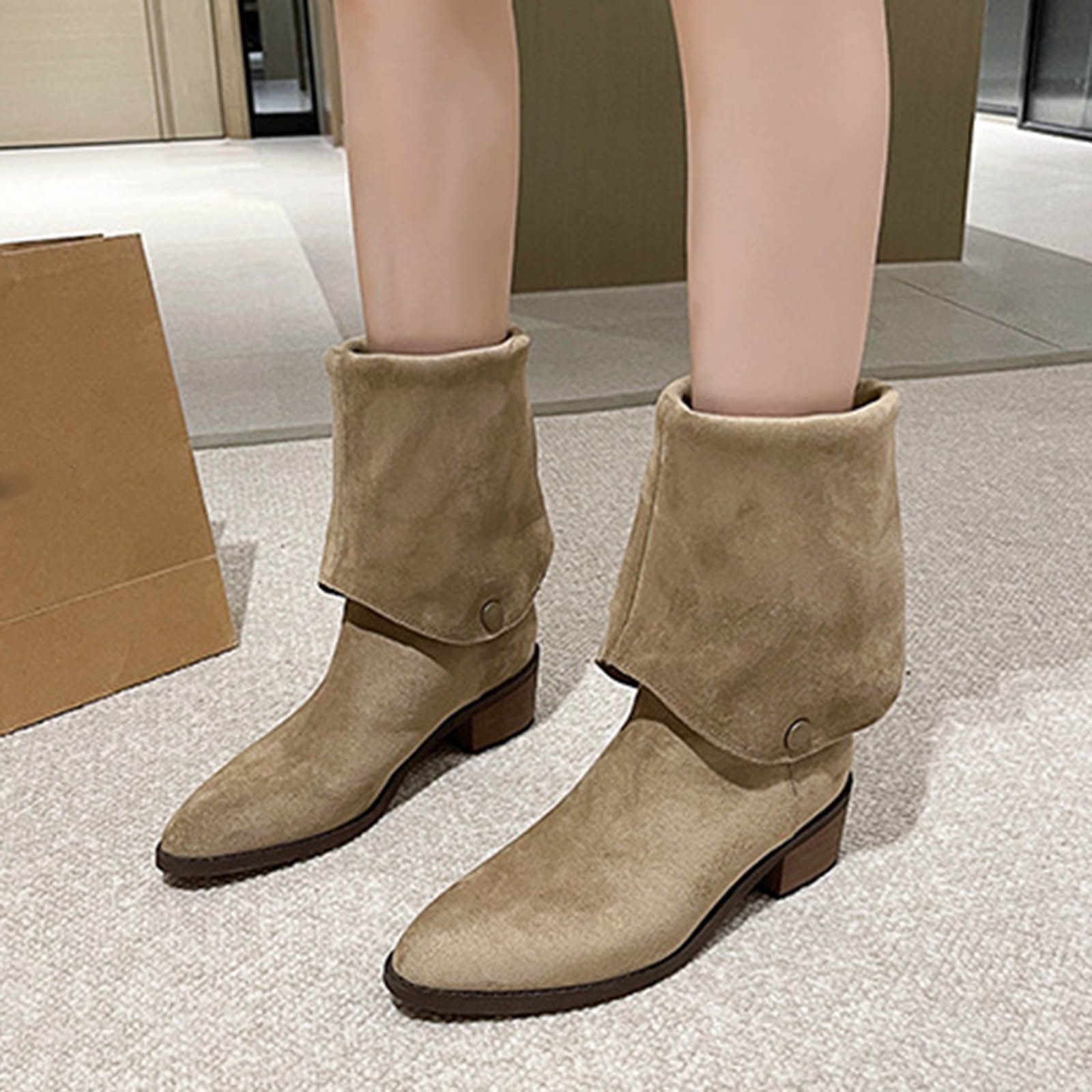 RUIYANQI Women's Suede Knee High Boots Foldable Cuff Design Low Block ...