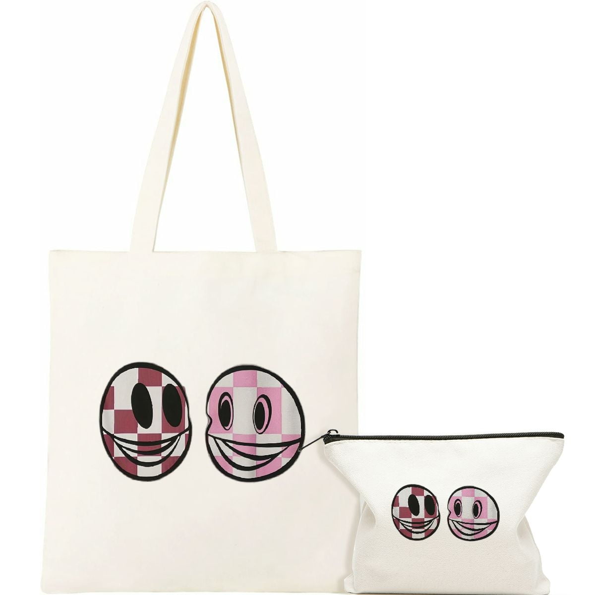 RUIYC Checkered Pattern Smile Face Meme Trendy 2 Pcs Canvas Tote Bags ...