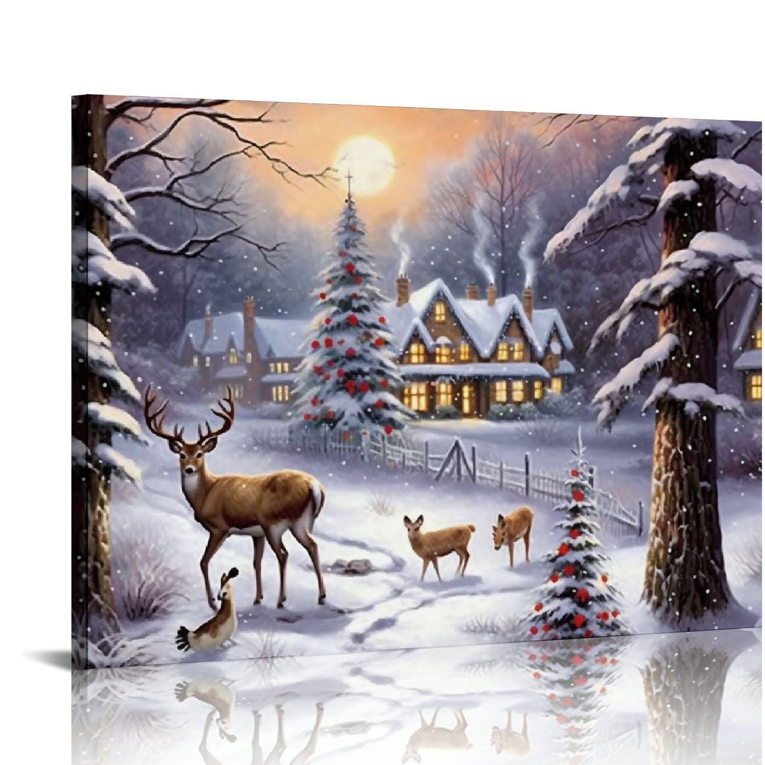 RUIYC Christmas Winter Scene House Wall Decor - Deer Christmas Tree Painting Prints Animal ...