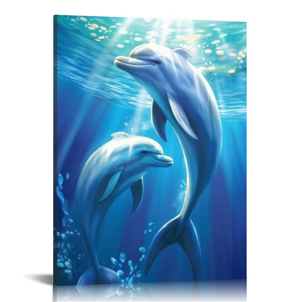 RUIYC Dolphin Canvas Wall Art Cute Dolphins Playing Under Sea with ...