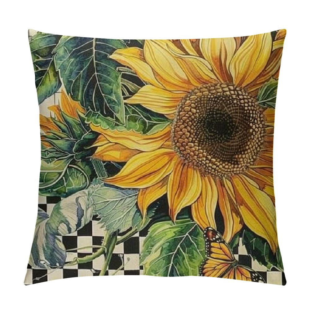 RUIYC Sunflower Pillow Covers Yellow Flower Black and Plaid Summer ...