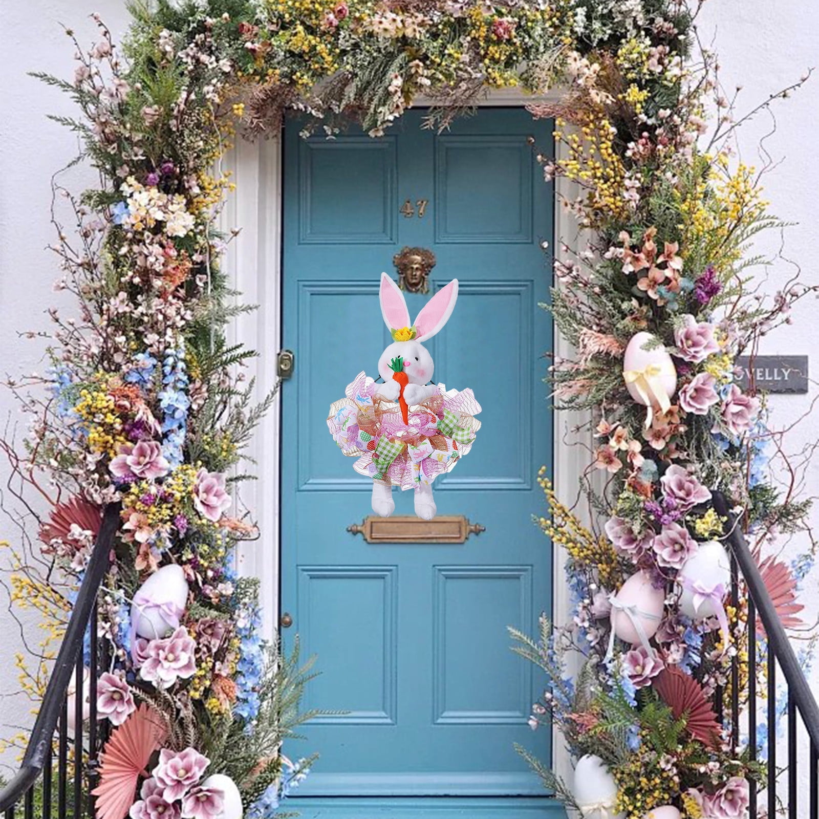 TERGAYEE Easter Wreaths for Front Door Easter Bunny Dolls Wreath Spring ...