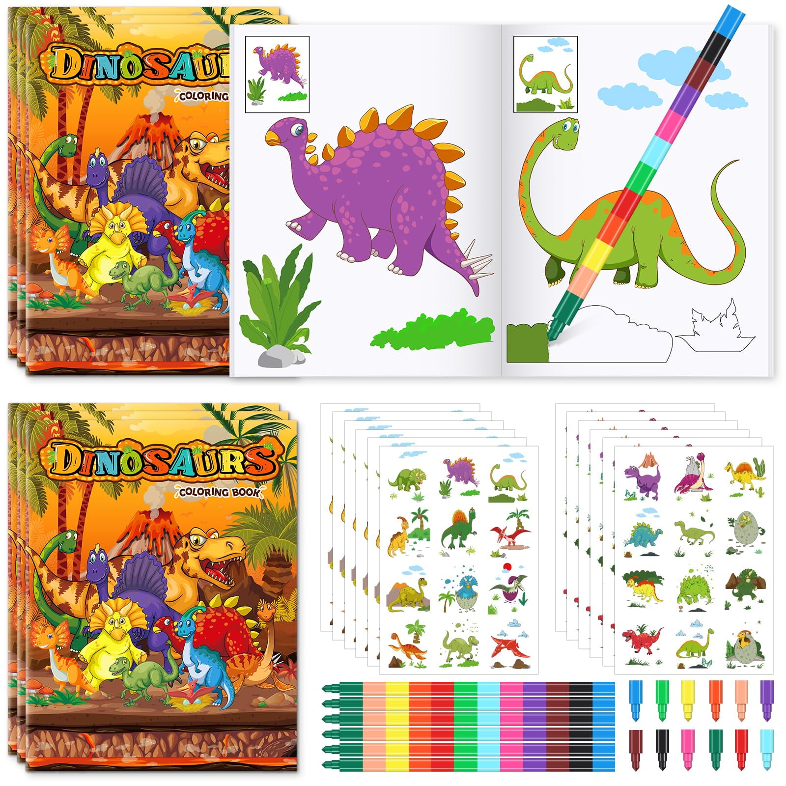 RUMIA 6 Pcs Large Dinosaur Coloring Books Party with 6 Stacking Crayons ...