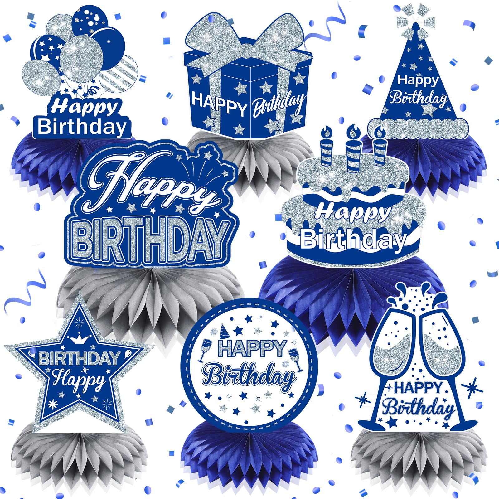 RUMIA 8Pcs Blue Birthday Decorations Navy Blue Silver Happy Birthday Table Honeycomb ...