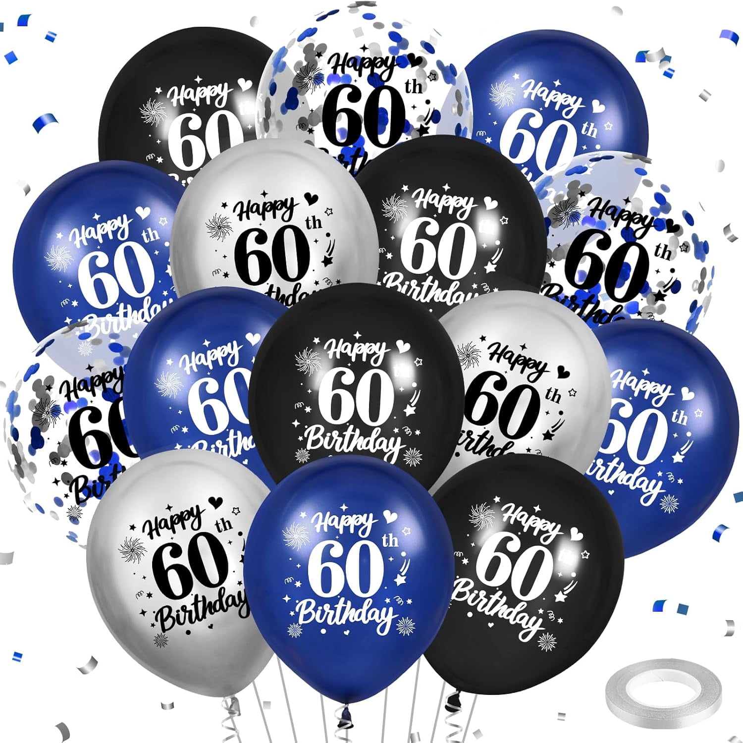 RUMIA Blue 60th Birthday Balloons 24Pcs Navy Blue Black Silver Happy ...