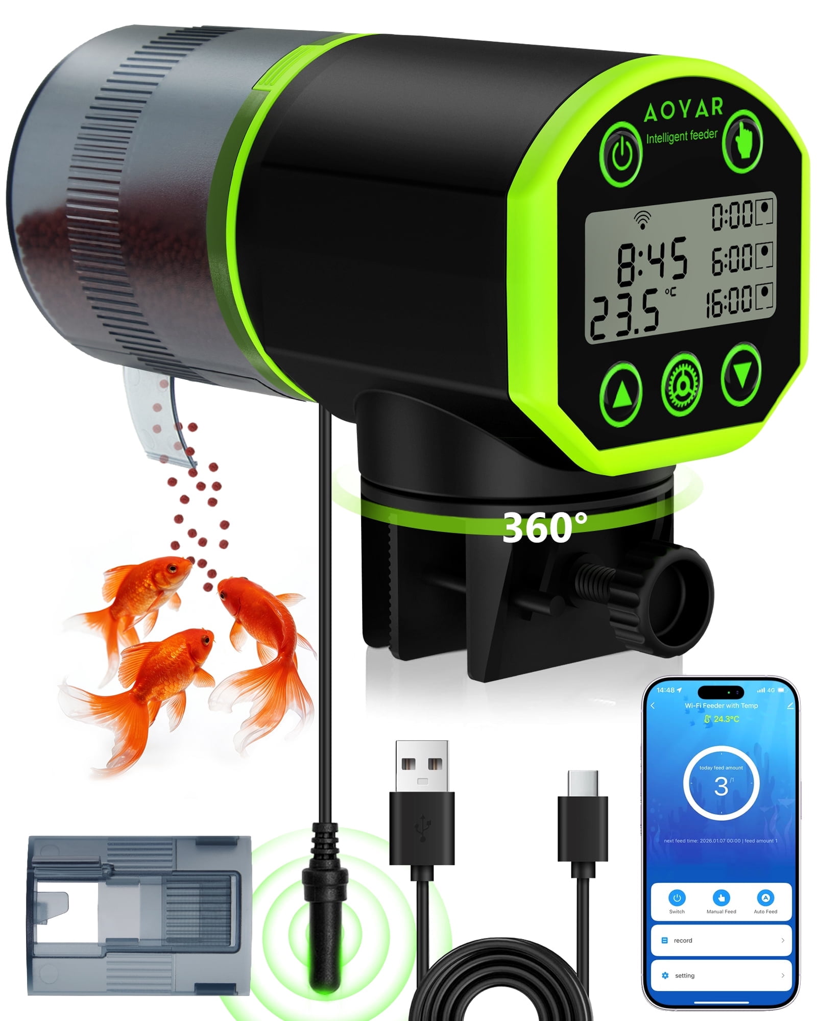 RUNACC Automatic Fish Feeder, Rechargeable Timer Feeder for Aquarium ...