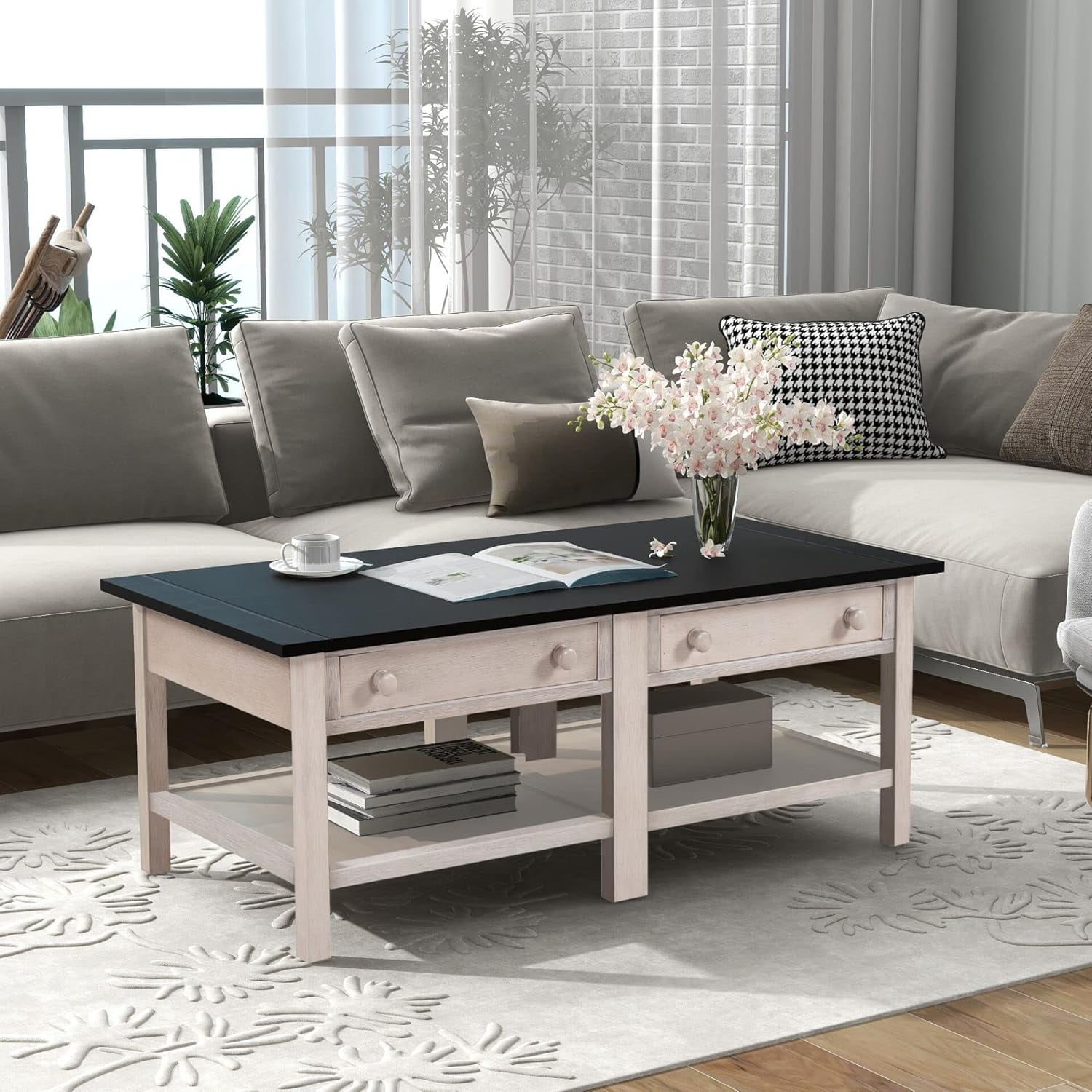 RUNNA Wooden Coffee Table Cocktail Table with Two Drawers and Open ...