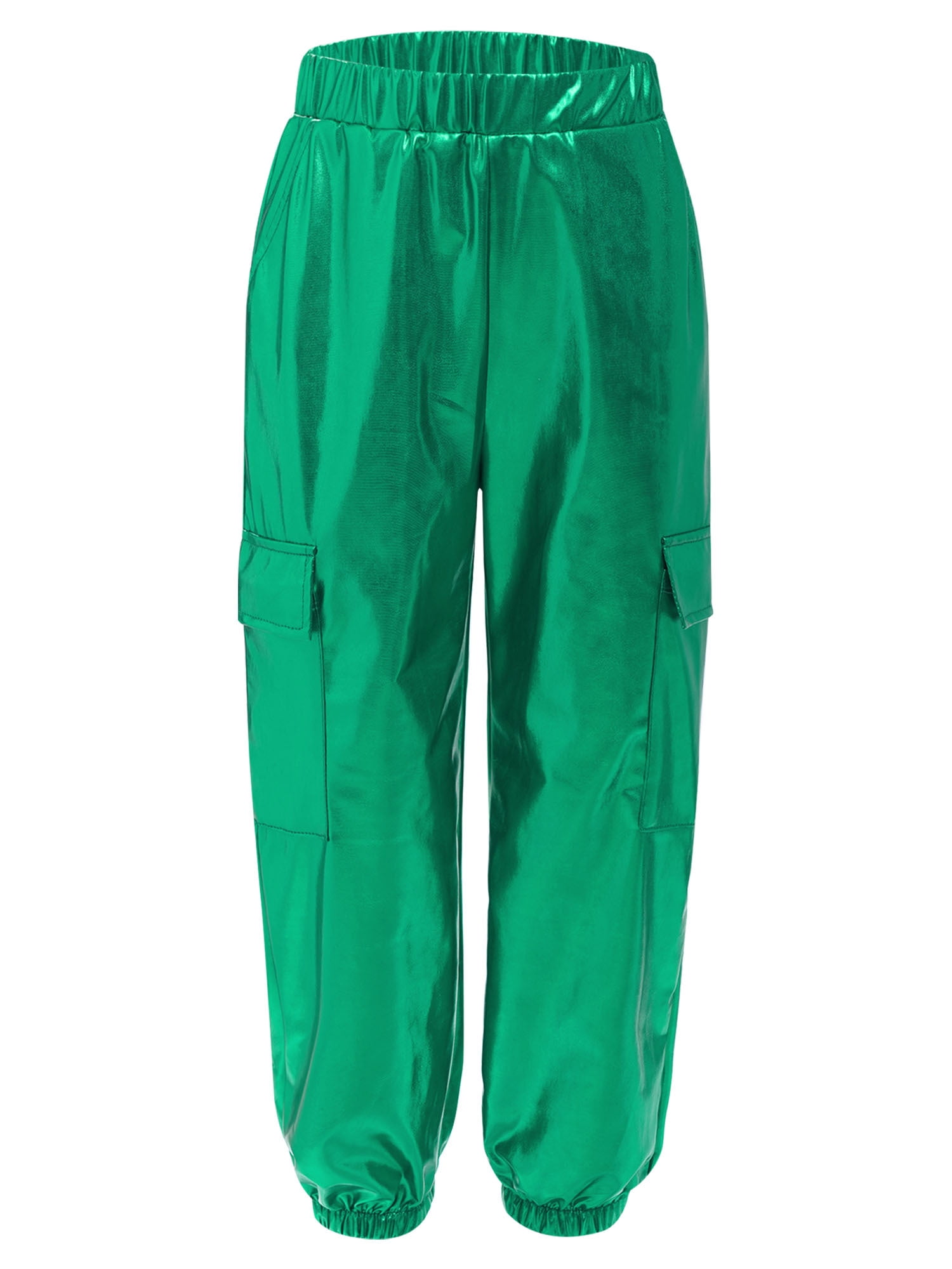 RUNQHUI Girls Boys Metallic Shiny Cargo Pants Kids Multi Pockets ...