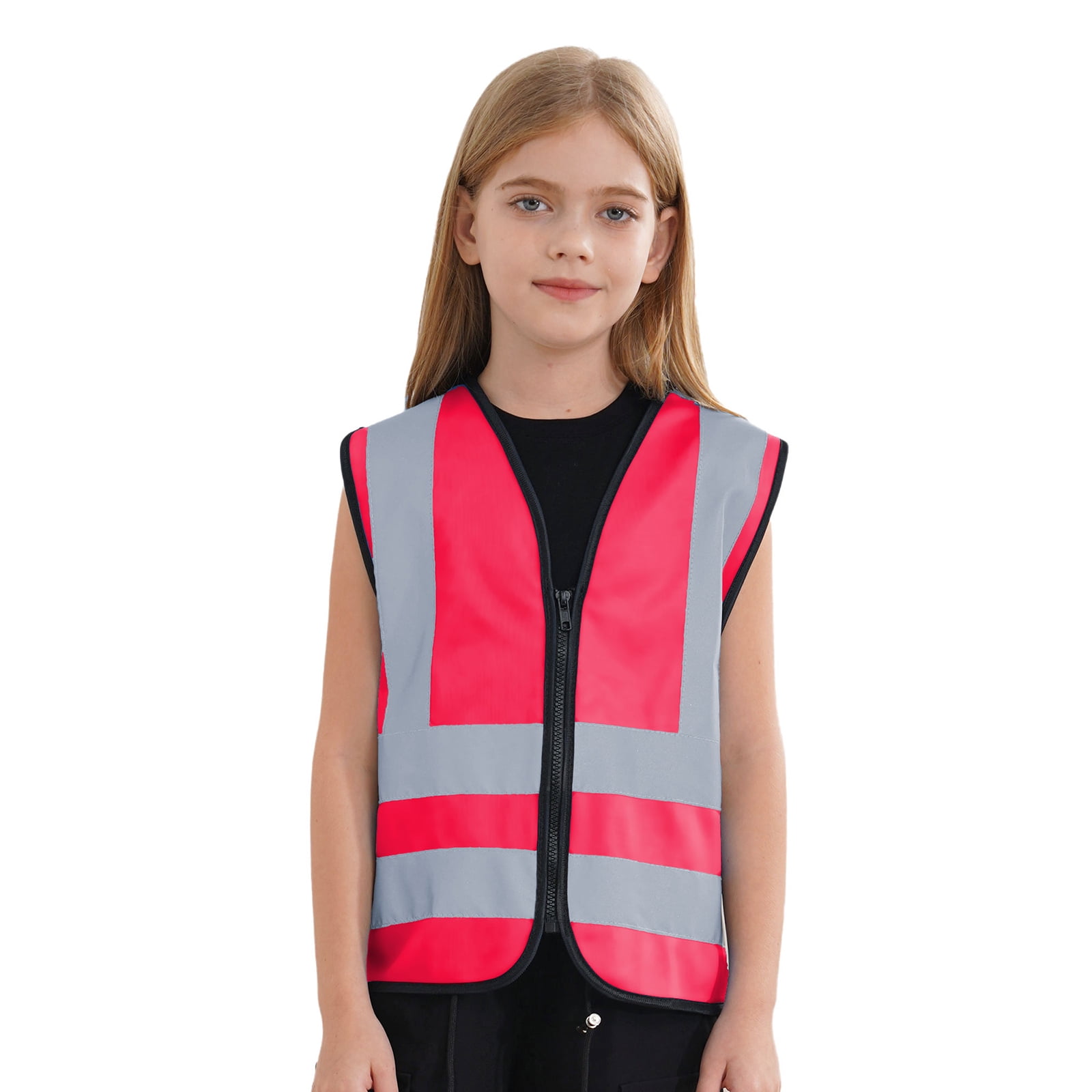 RUNQHUI Girls Boys Safety Vest with Reflective Stripes Hi Vis Viz Zipper Front Mesh Vest for ...