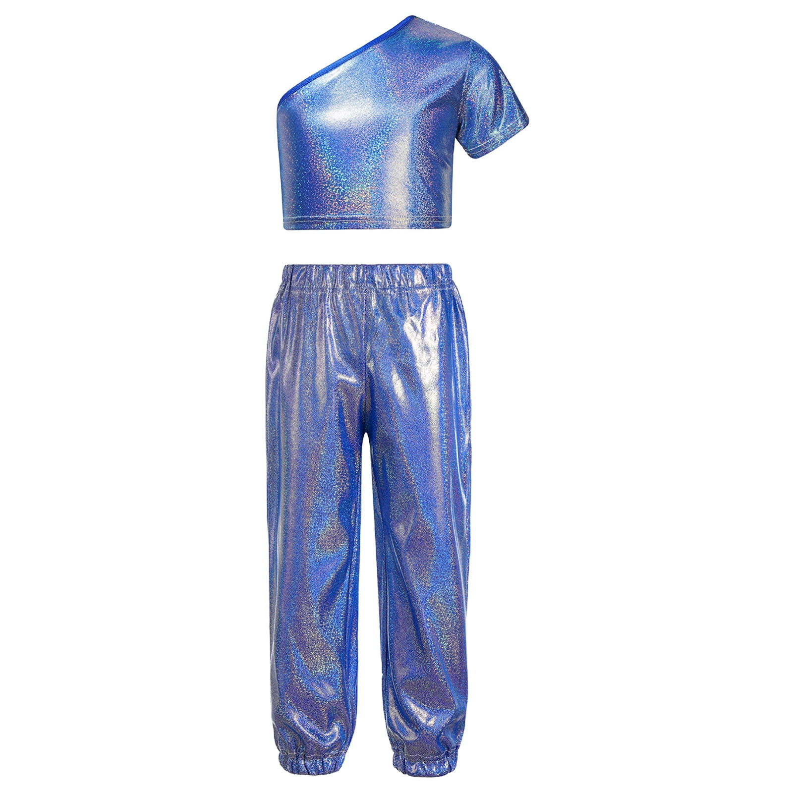 RUNQHUI Kids Hip Hop Dance Outfit Glitter Tracksuit Girls One Shoulder ...