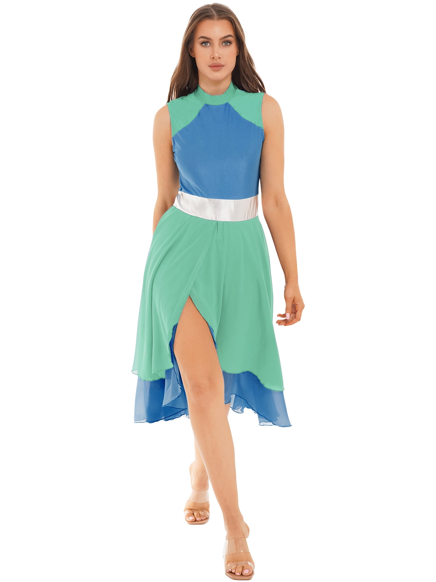 RUNQHUI Lyrical Dance Dress for Women Color Block Chiffon Patchwork ...