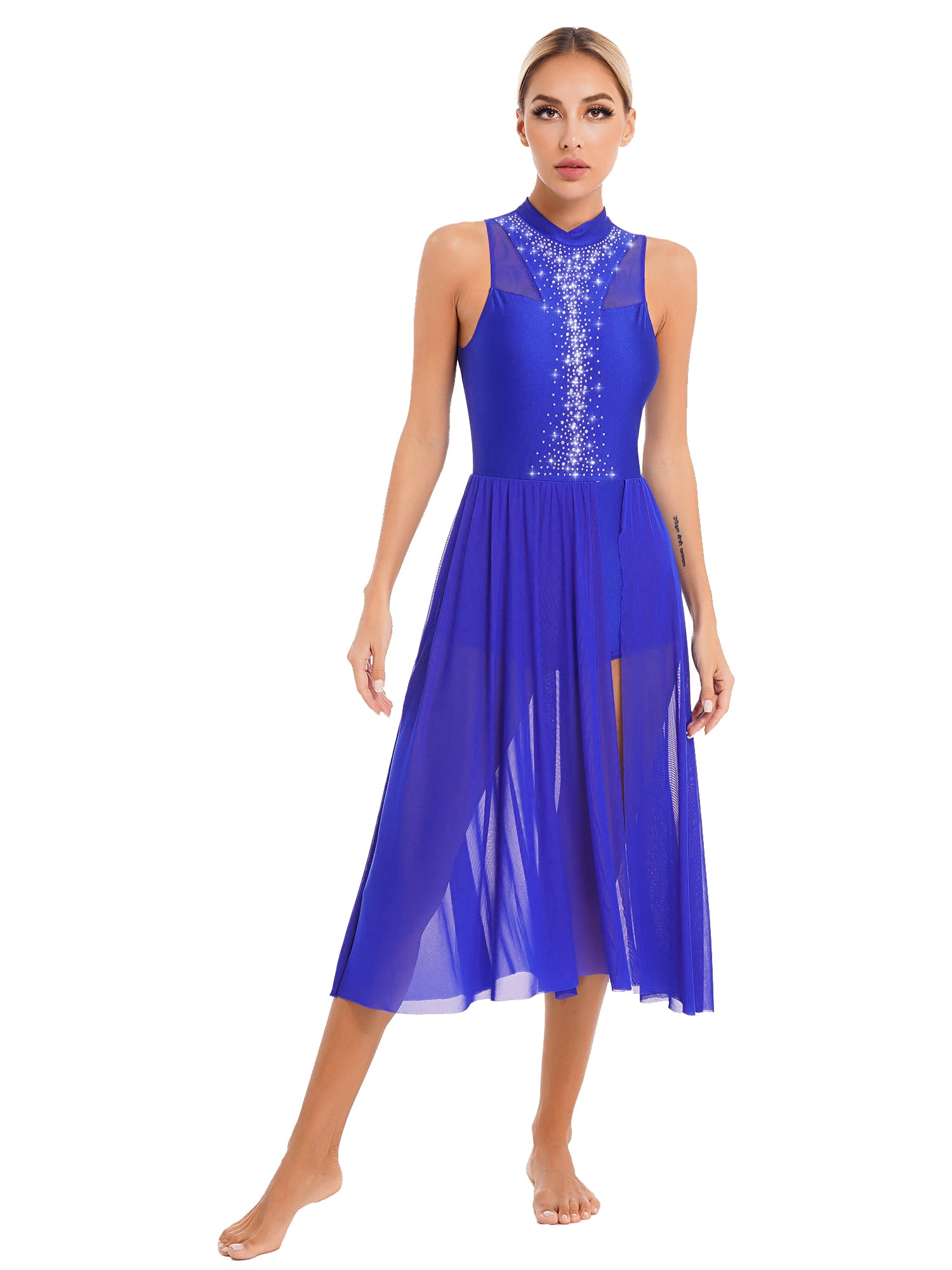 RUNQHUI Women Lyrical Dance Costume Mock Neck Dance Dress Leotard ...