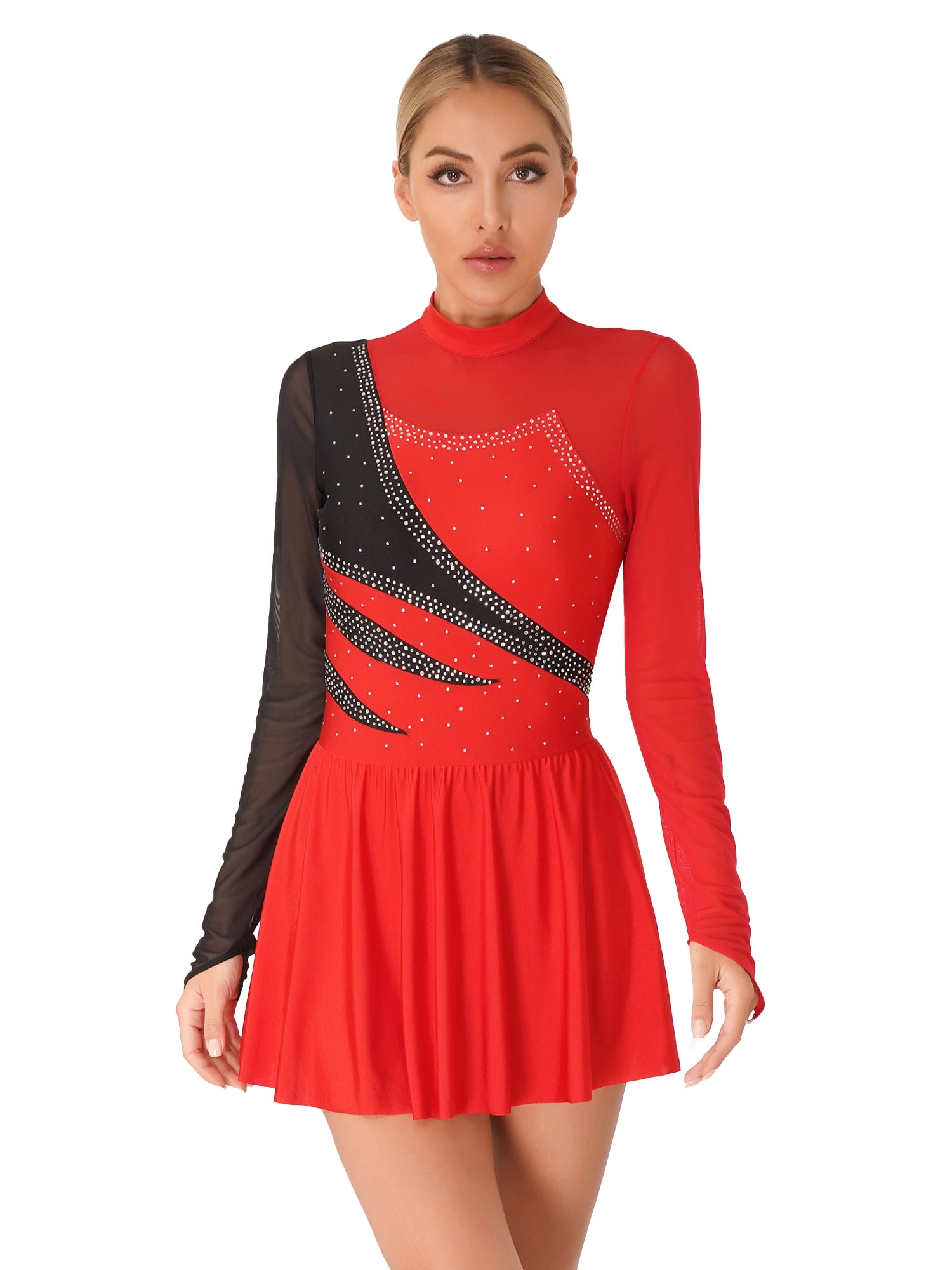 RUNQHUI Women's Adult Shiny Rhinestone Figure Ice Skating Dress Mesh ...