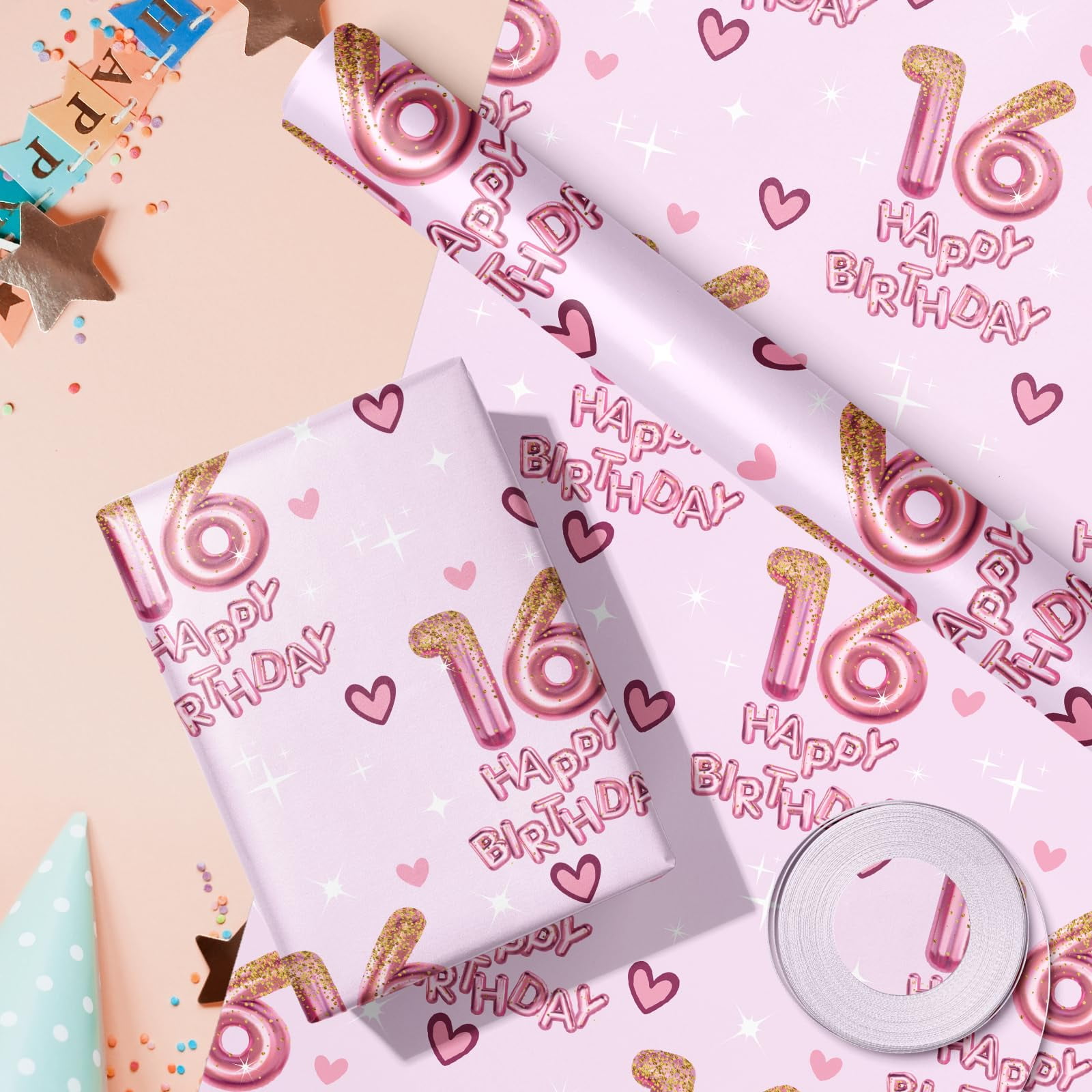 RUSPEPA 16th Wrapping AJH3 Paper Birthday Girl, Hearts and Pink Number ...