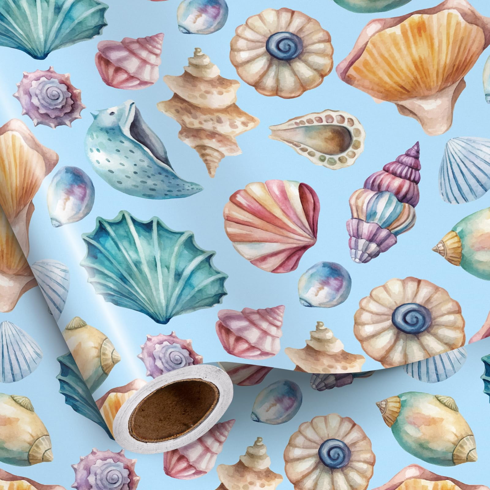 RUSPEPA Beach Seashell Wrapping Paper Roll AIS1 for Kids, Watercolor ...
