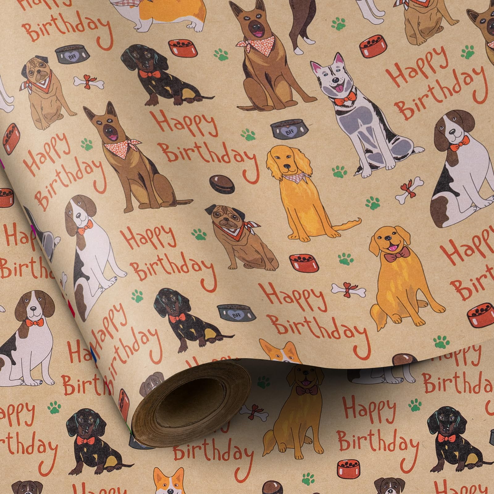 RUSPEPA Dog Kraft Wrapping MMF7 Paper Roll, Mini Roll, Happy Birthday ...