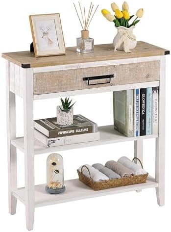 RUSTOWN Farmhouse Console Table with Drawer, 3-Tier Rustic Entryway ...