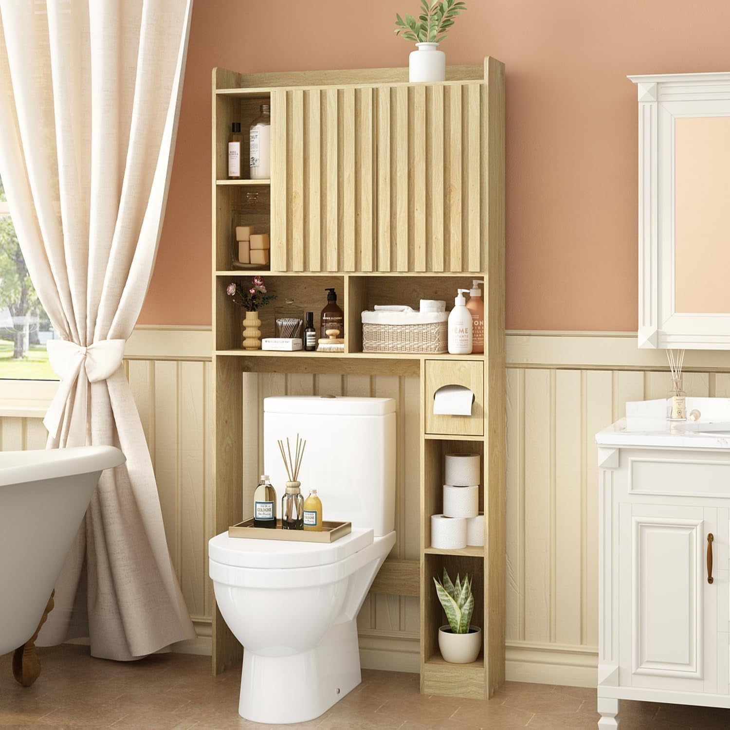 RUSTOWN Large Over The Toilet Storage Cabinet with Fluted Doors ...