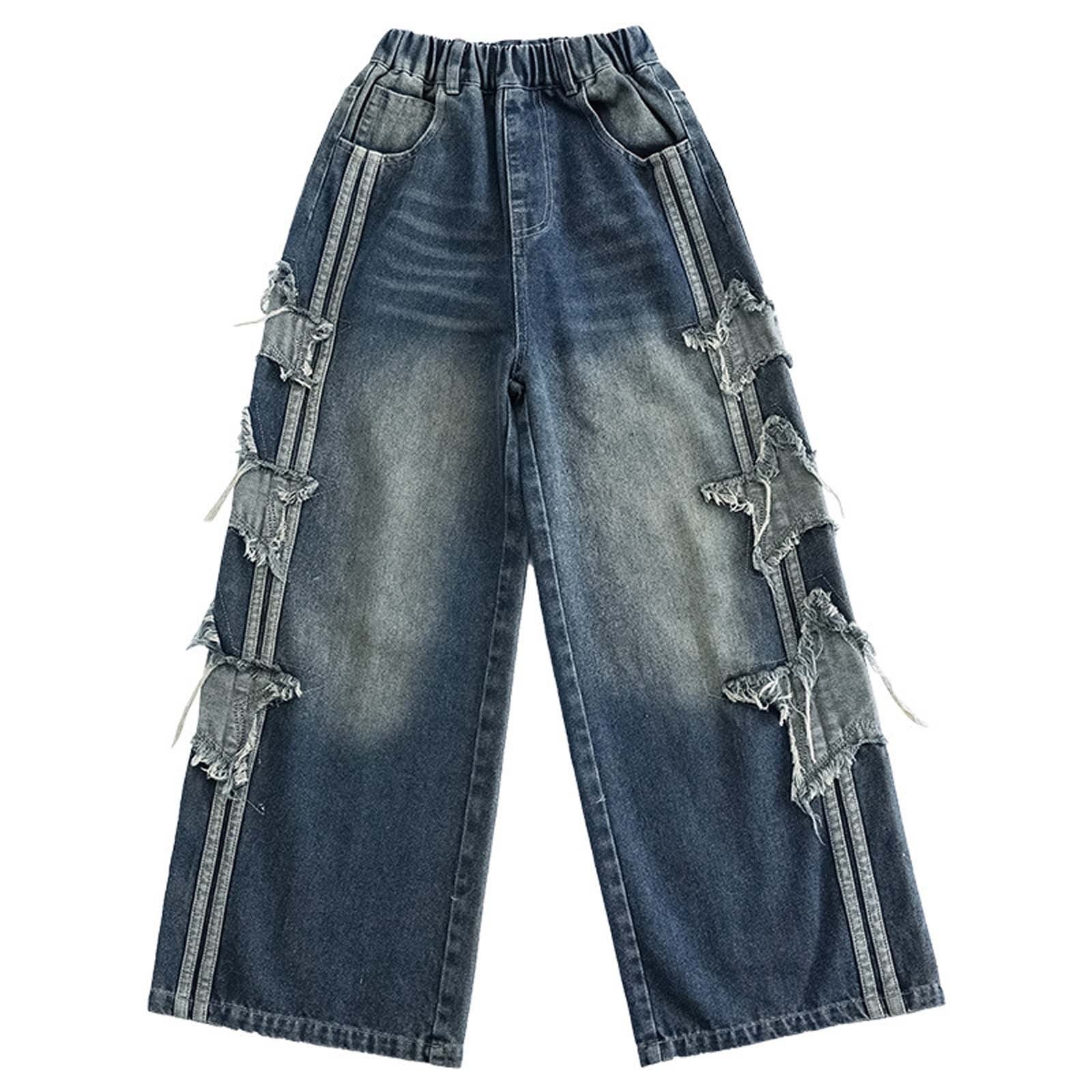 RUTAYY Children Girls' Pants Jeans Denim Elastic Wasit Wide Leg Baggy ...