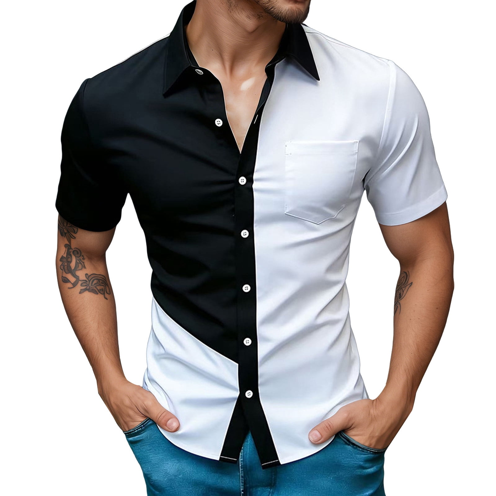 RUTAYY Men's Shirts Contrast Color Short Sleeve Casual Summer Button ...