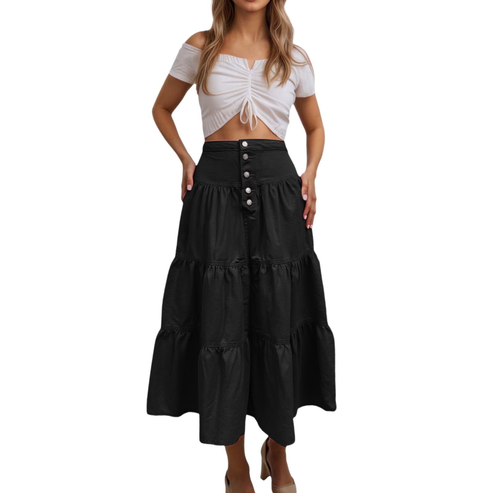 RUTAYY Women Long Denim Maxi Skirt High Waist Flowy Ruffle Pleated ...