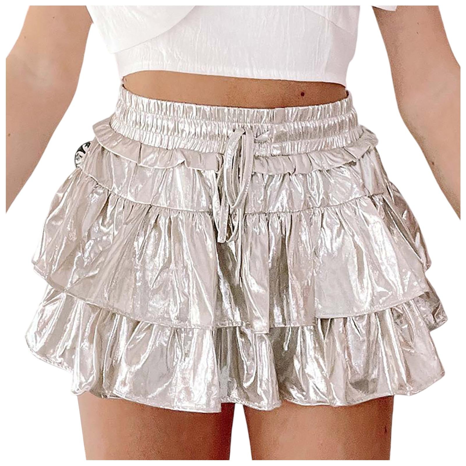 RUTAYY Women Metallic Skirt Shiny Flared Pleated Skirt Layered Ruffle ...