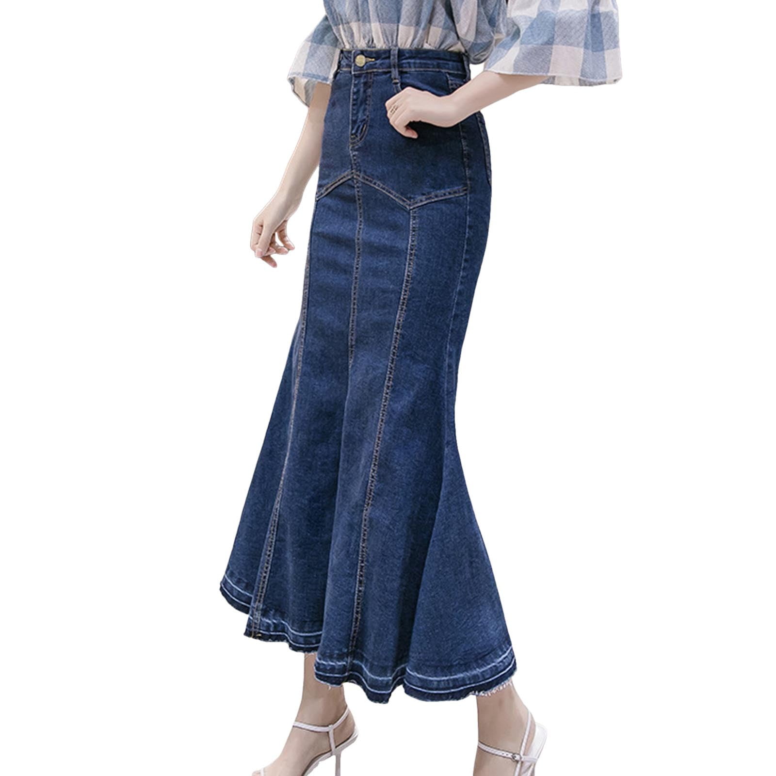 RUTAYY Women Stretchy Denim Midi Maxi Skirts Casual A-Line Slim Fit ...