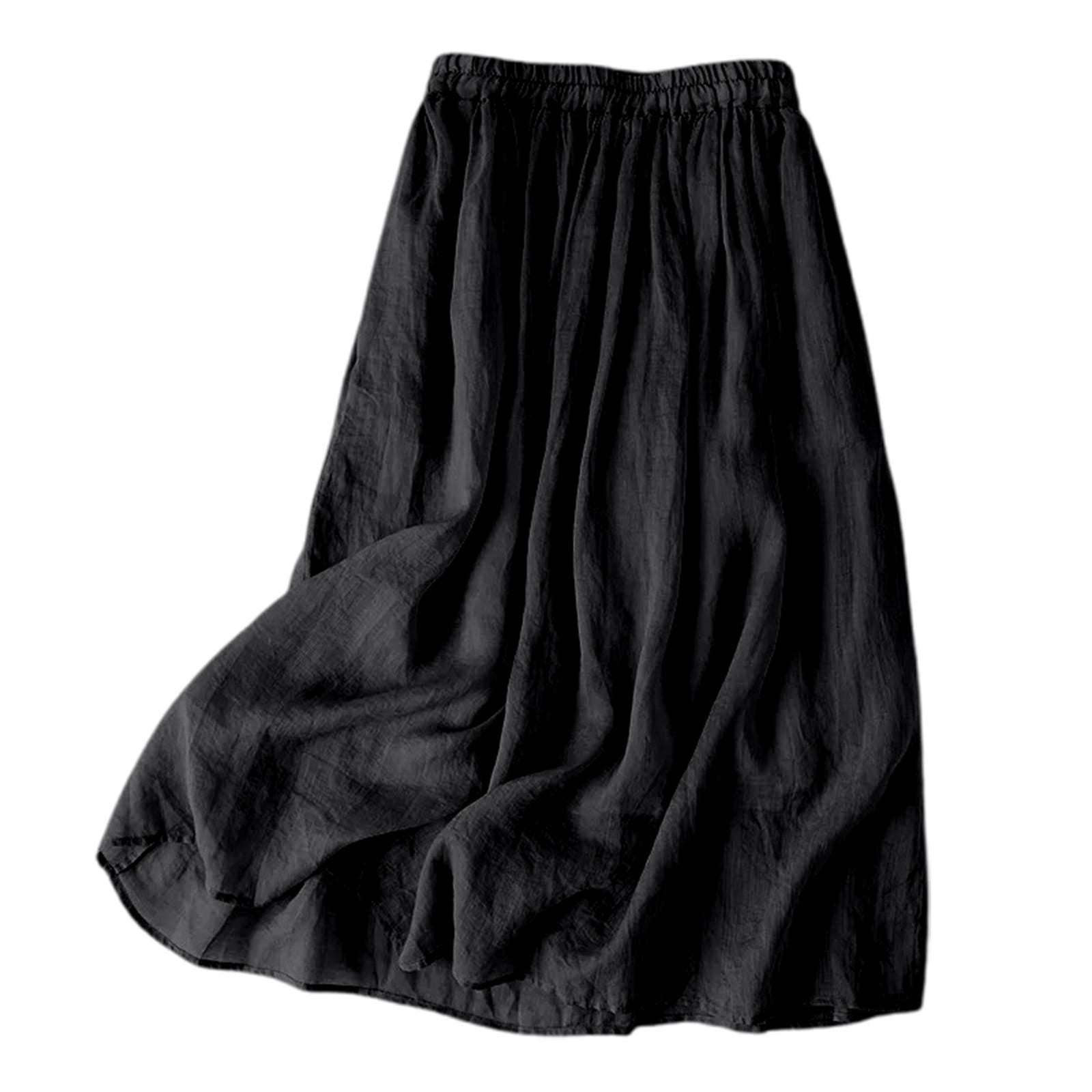RUTAYY Women Summer Vintage Linen Solid Color Midi Skirt With Elastic ...