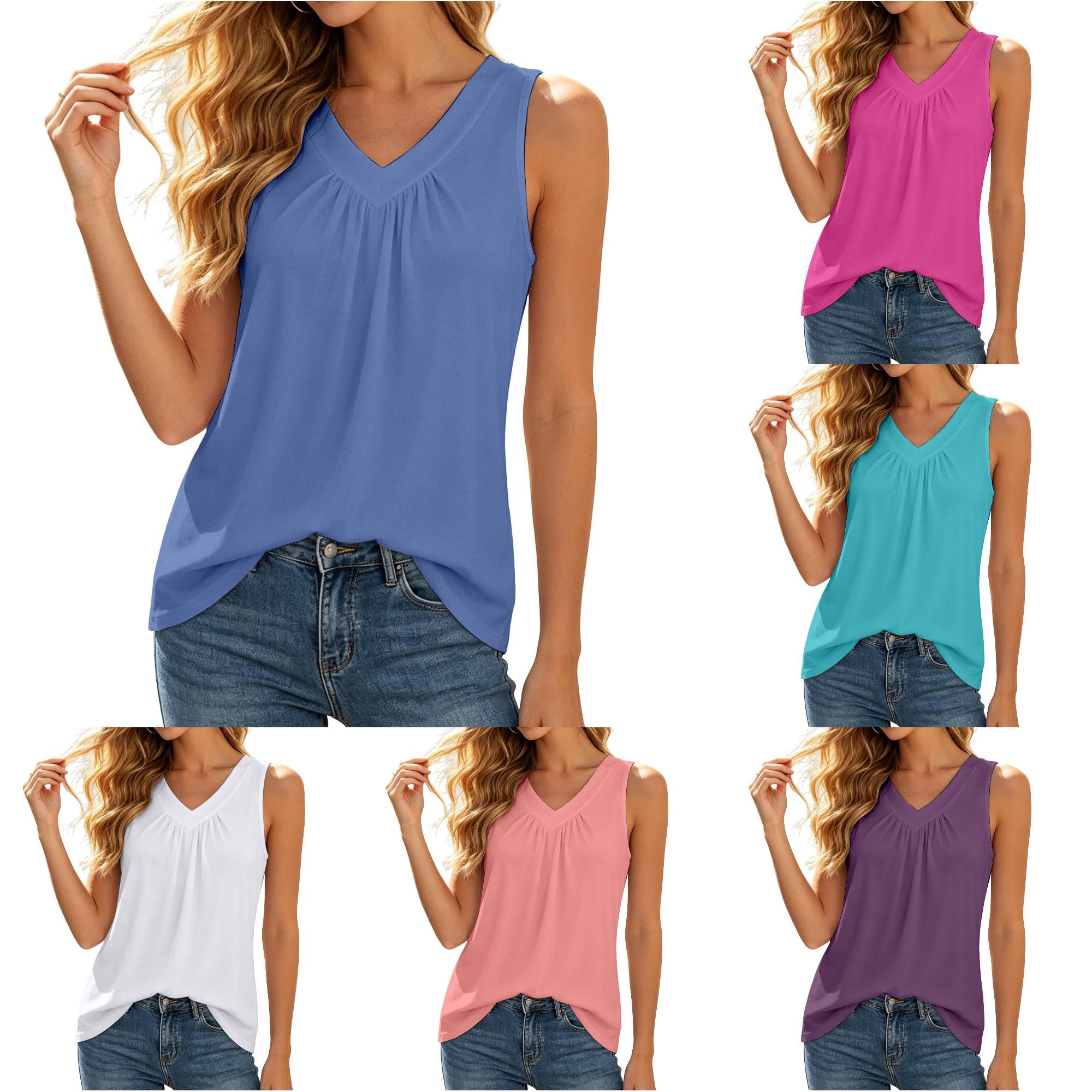 RUTAYY Women's T-Shirt V-Neck Solid Color Sleeveless Vest Tops Loose ...