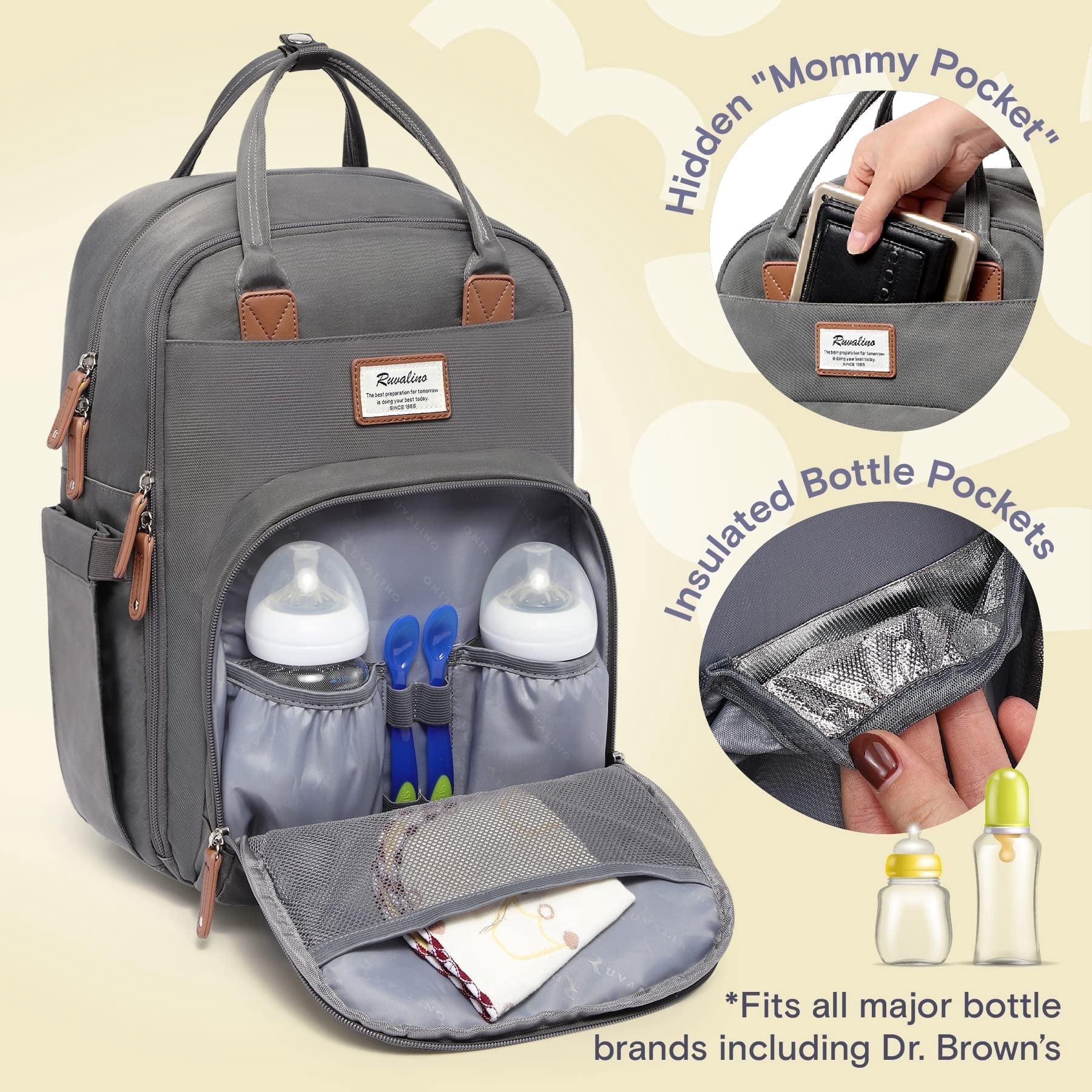RUVALINO Waterproof Diaper Bag Backpack, Large Capacity, Insulated ...