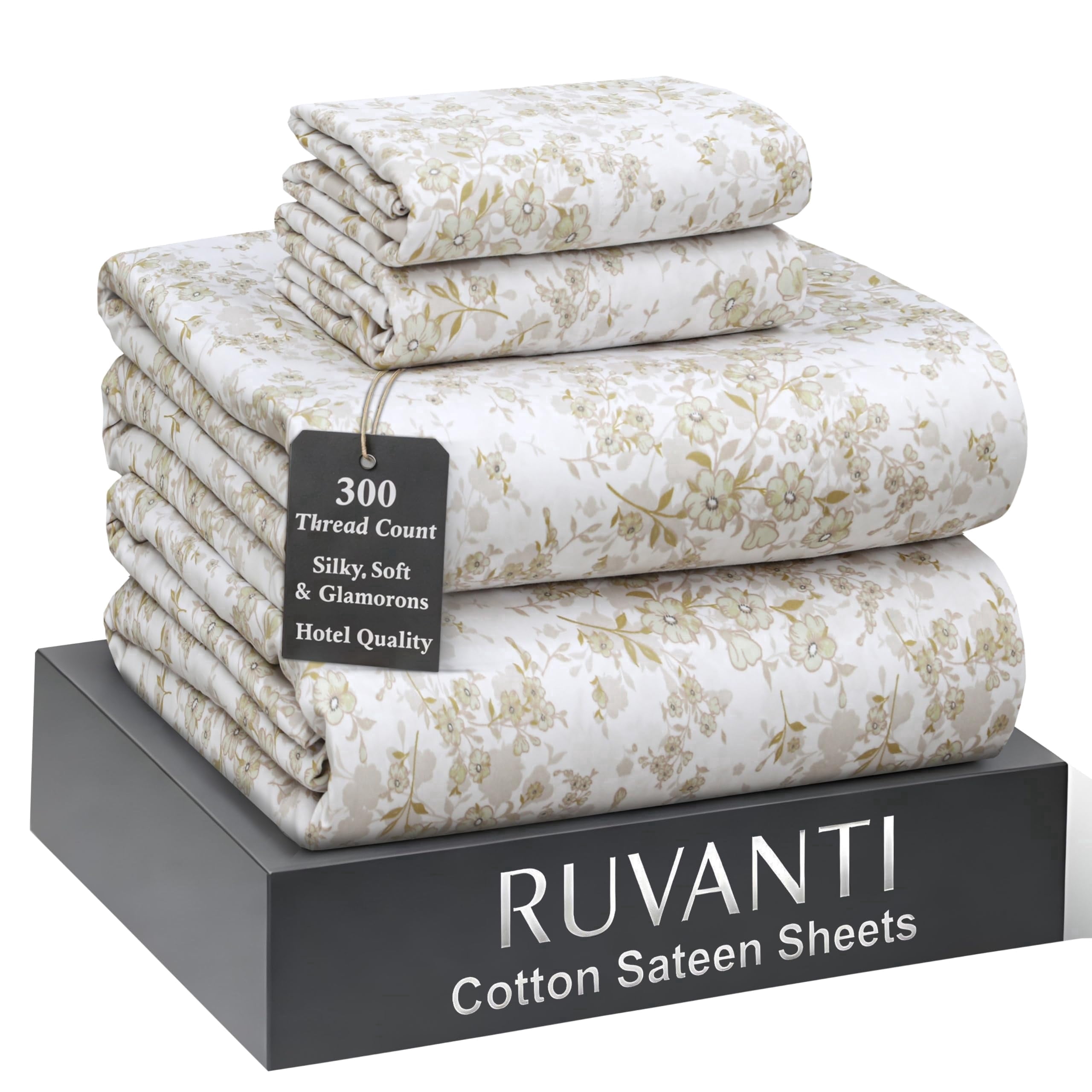 RUVANTI 100% Cotton Sheets Full Size Bed Set – 300 Thread Count Silky ...