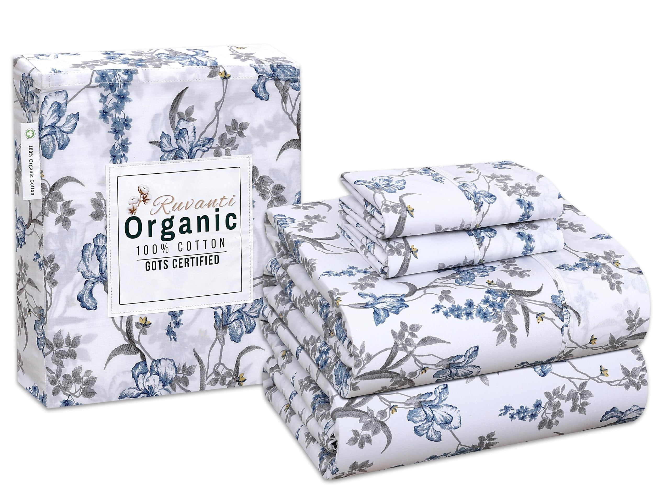 RUVANTI 100% Organic Cotton Sheets King Size Sheets Set, 4 PC Cotton ...